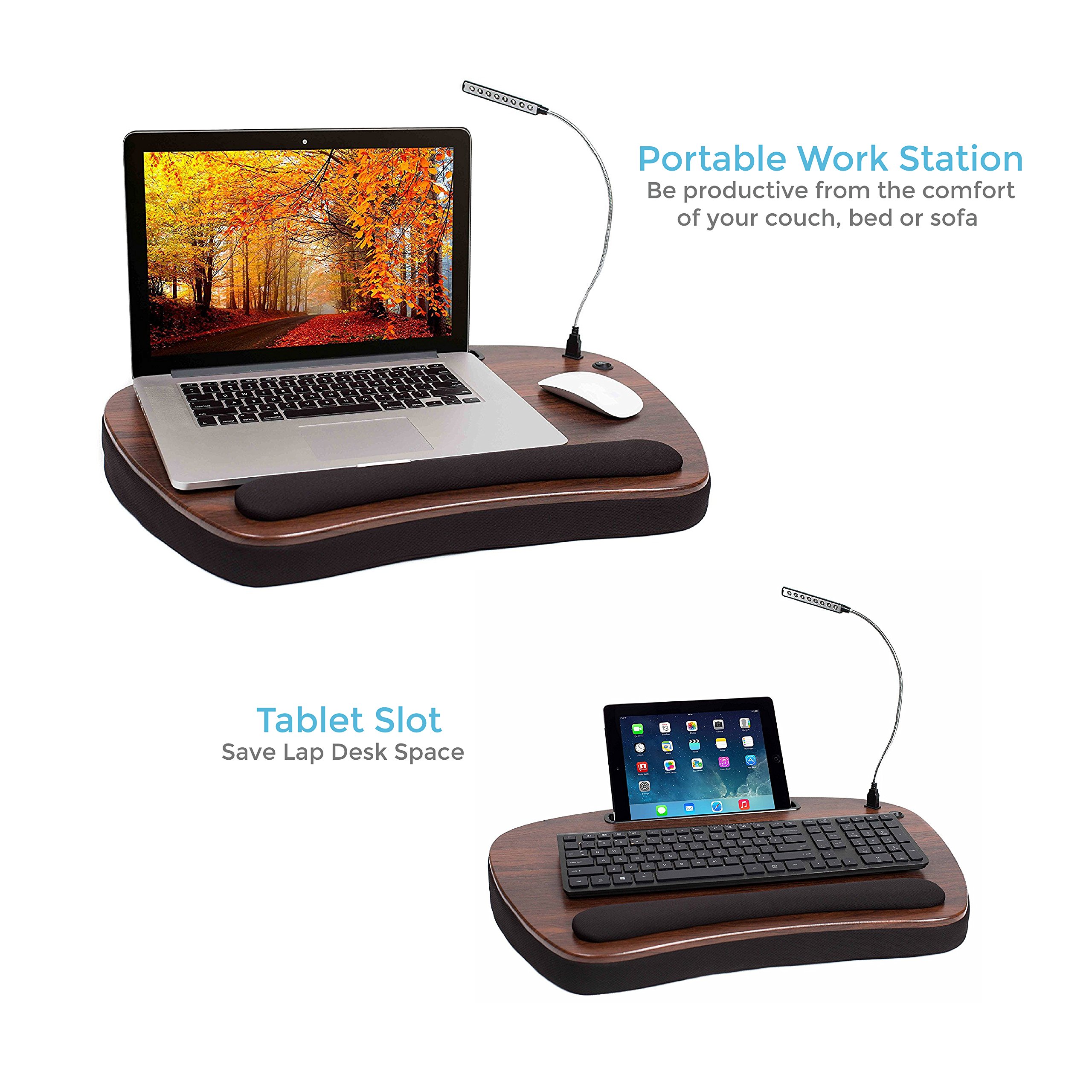 Sofia Sam Oversized Wood Top Memory Foam Lap Desk with Detachable USB Light and Tablet Slot (Black) Supports Laptops Up To 20 Inches