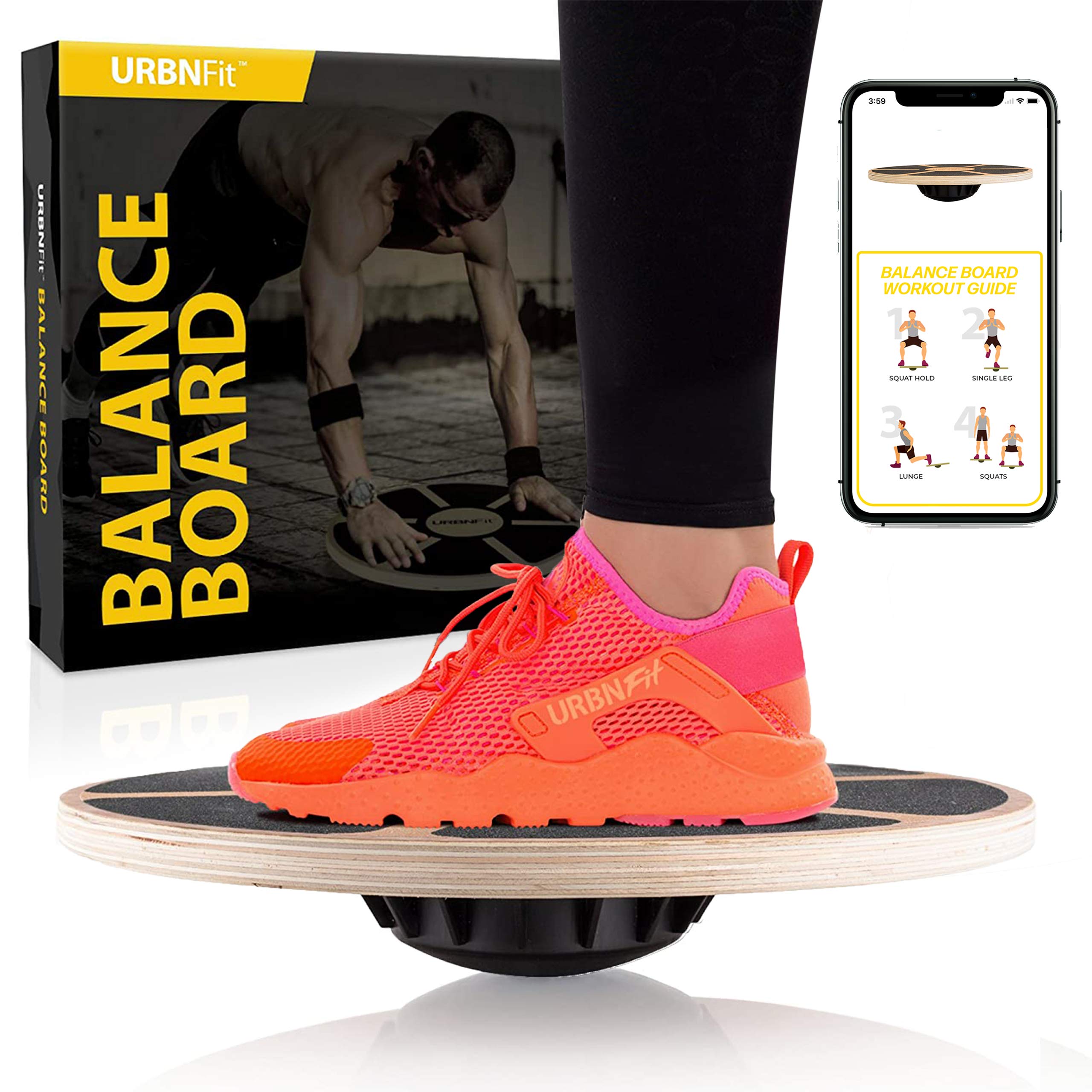 URBNFit Balance Board Trainer - Wooden Wobble Balancing Board for Core Stability, Strength Training & Flexibility - Wobble Board w/Workout Guide to Exercise at Desk or Home Gym﻿