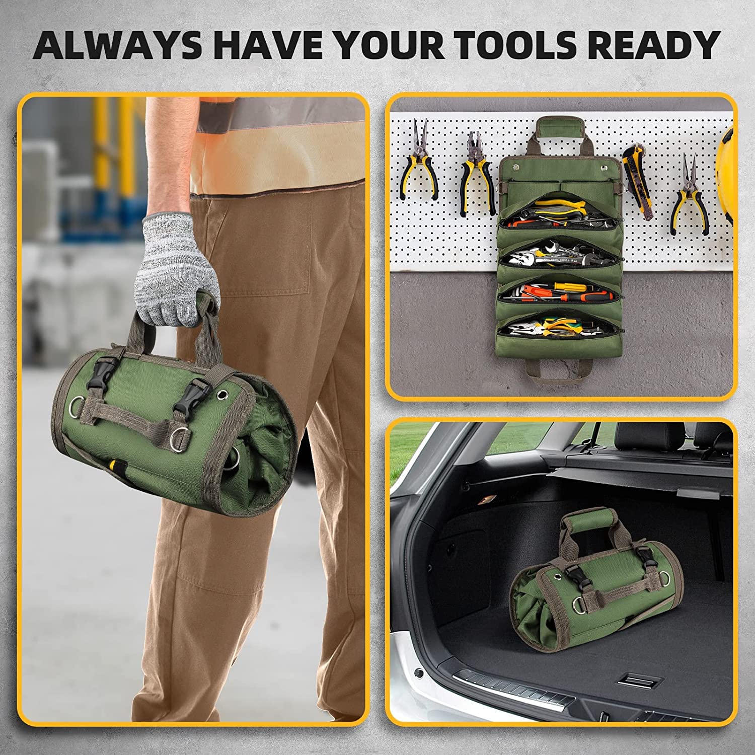Tool Bag Roll Up, UUP Heavy Duty Tool Organizer for Men Women, Portable Tool Storage Box with 2 Detachable Zipper Pouch, Compact Small Carrier Bag for Electrician Mechanic, Father Day Dad Gifts, Green