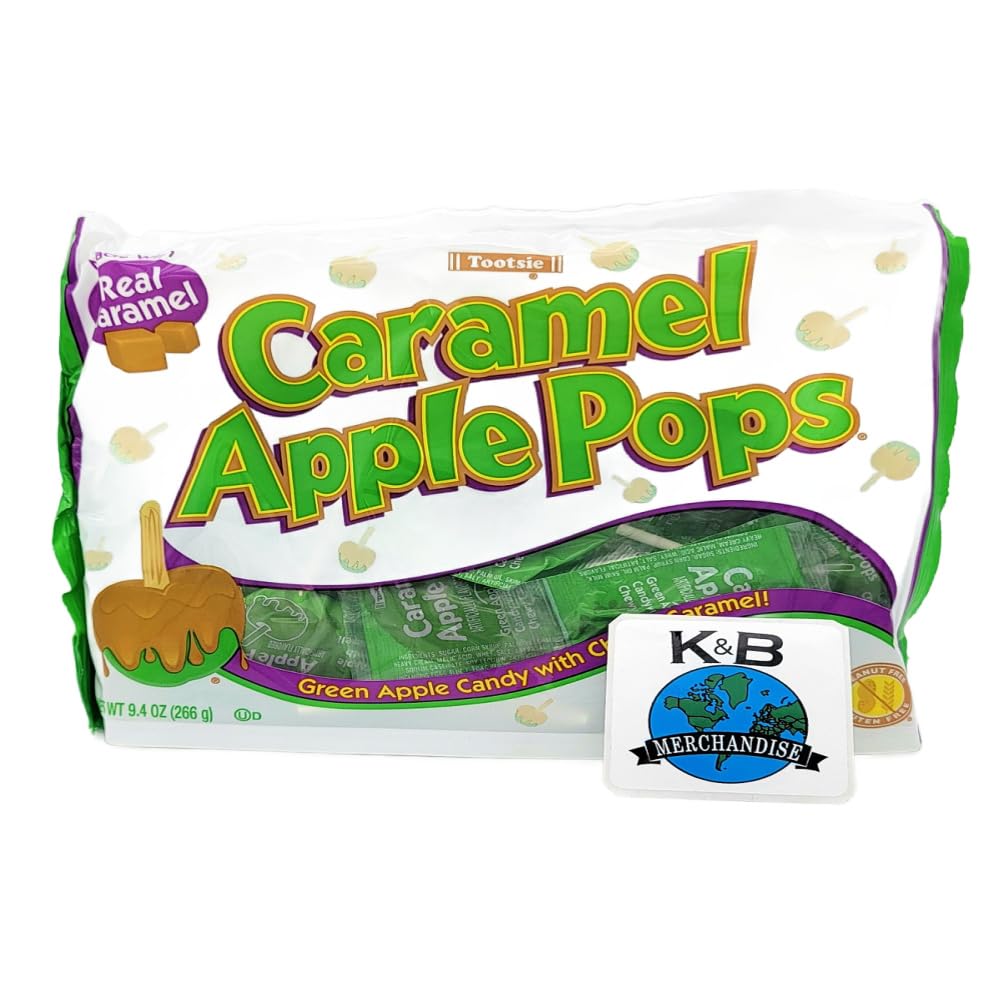 Tootsie Caramel Apple Pops - Green Apple Lollipop Candy (One Pack 9.4 ounces) Individually Wrapped Hard Candy- Gluten-Free & Peanut-Free Each order is bundled with a K&B Merchandise Sticker
