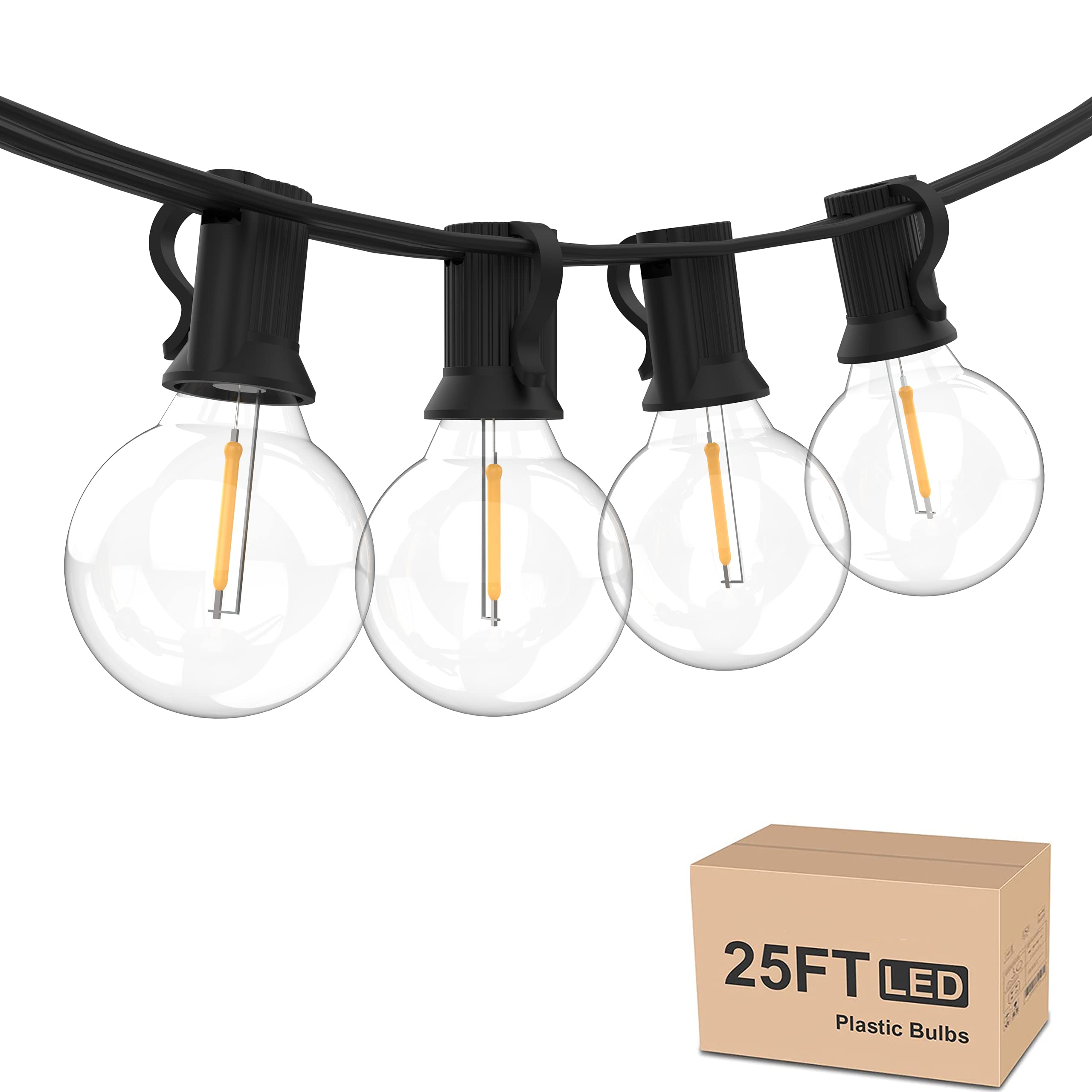 Yuusei LED String Lights Outdoor, 25Ft Dimmable Globe Patio Lights with 12+1 (Spare) 1W G40 PC Shatterproof Bulbs, Waterproof Connectable Light String for Backyard Porch Cafe, 2700K Warm White