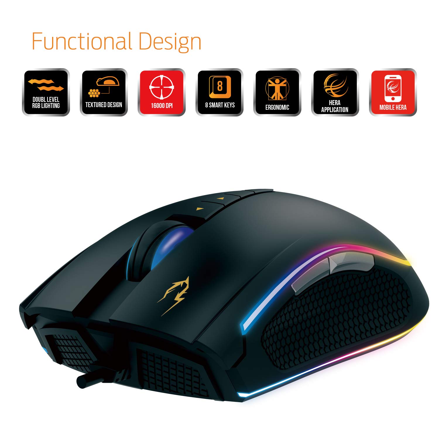 ZEUS GAMDIAS Optical Gaming Mouse with RGB Streaming Light, Hera Software Supported, 8 Programmable Keys, Adjustable 16000 DPI (Zeus P2)