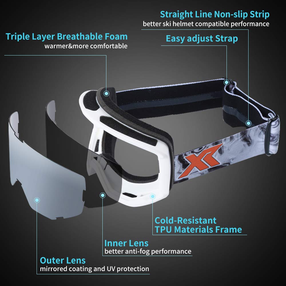 XR Ski Snowboard Goggles Anti Fog UV Protection Snow Goggles for Men Women Youth (Silver)