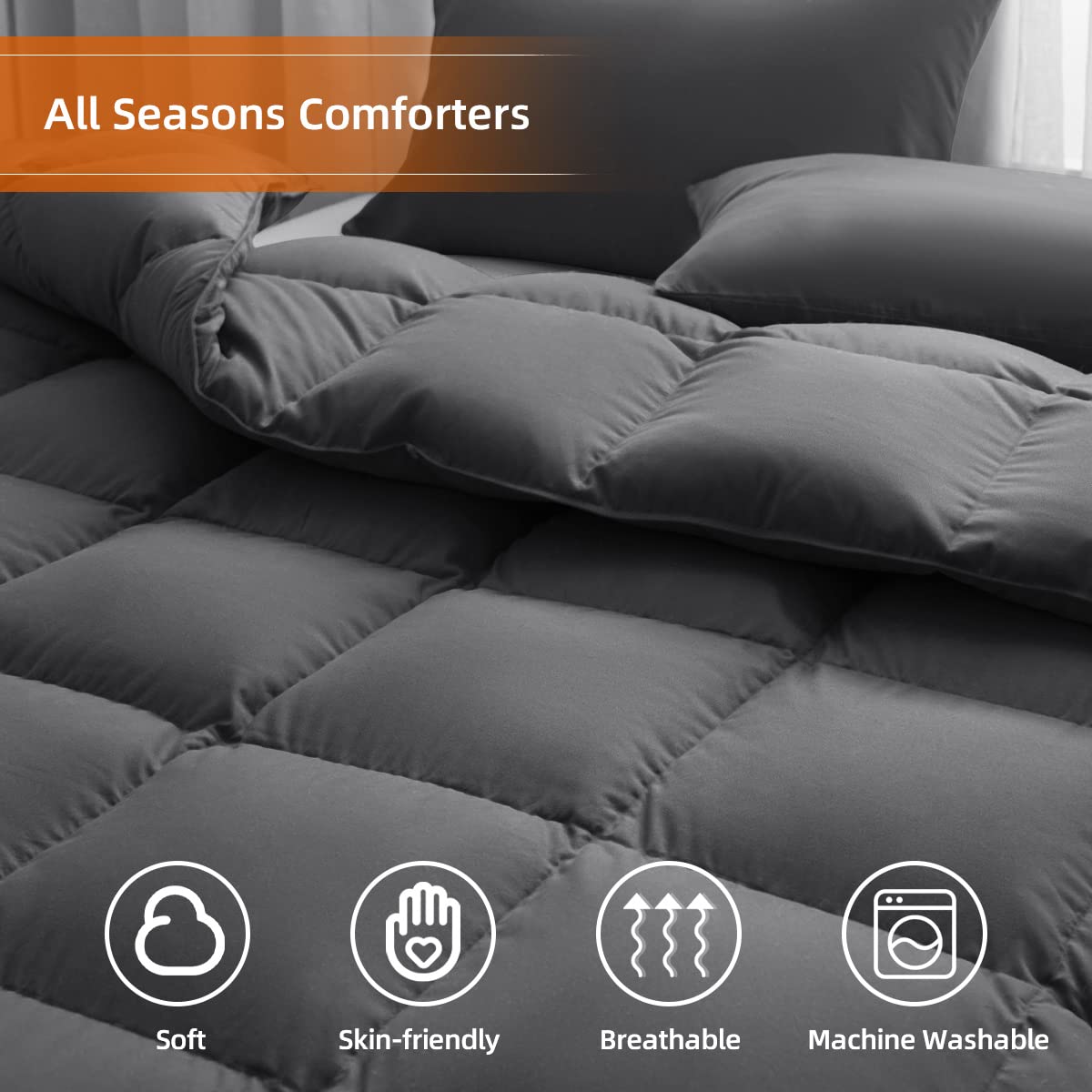Soft Comforter Queen Size-Lightweight Down Alternative Comforter Duvet Insert with 8 Corner Tabs-Fluffy Breathable Box Stitched Reversible Comforter(Grey, Queen)