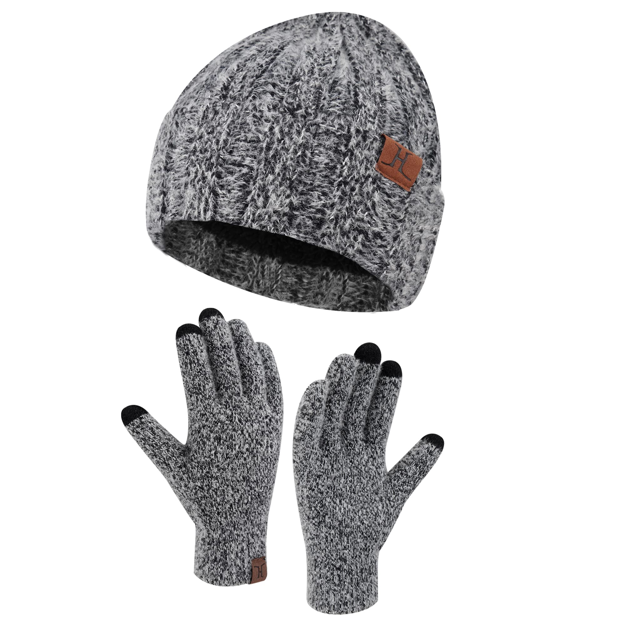 Womens Winter Warm Knit Beanie Hat Touchscreen Gloves Set with Fleece Lined Skull Cap Gloves Set for Women