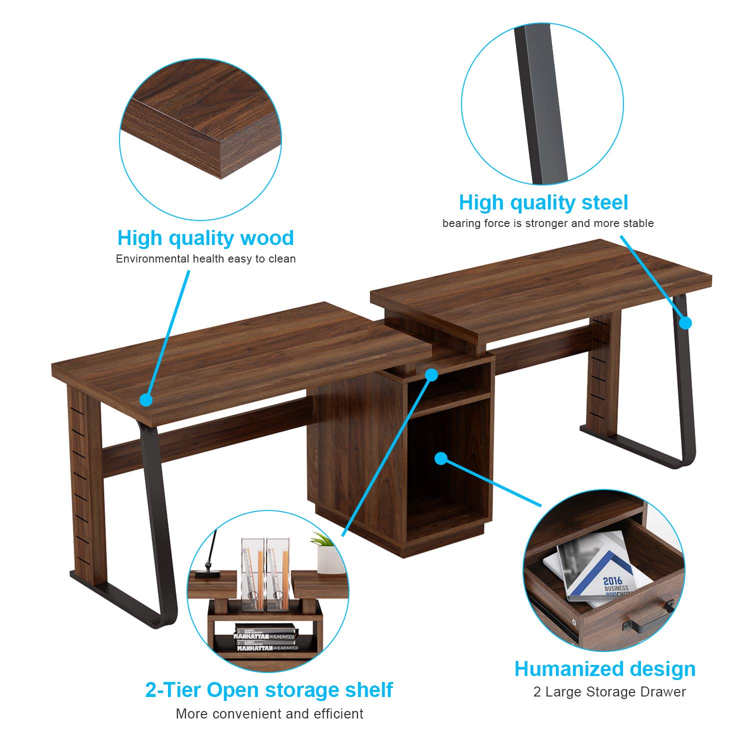 Tribesigns 94.5 inch Two Person Computer Desk, Double Computer Desk with Storage Shelves, Extra Long Workstation Large Office Desk with Two Drawers, Study Desk Writing Table for Home Office