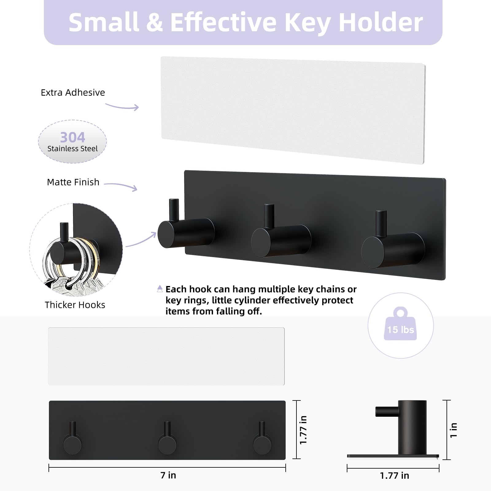 VIS'V Key Holder Wall Mount, Matte Black Self Adhesive Key Hanger Metal Small Key Rail with 3 Key Hooks Key Rack Keychain Holder with Extra Adhesive for Entryway Hallway Doorway Camper