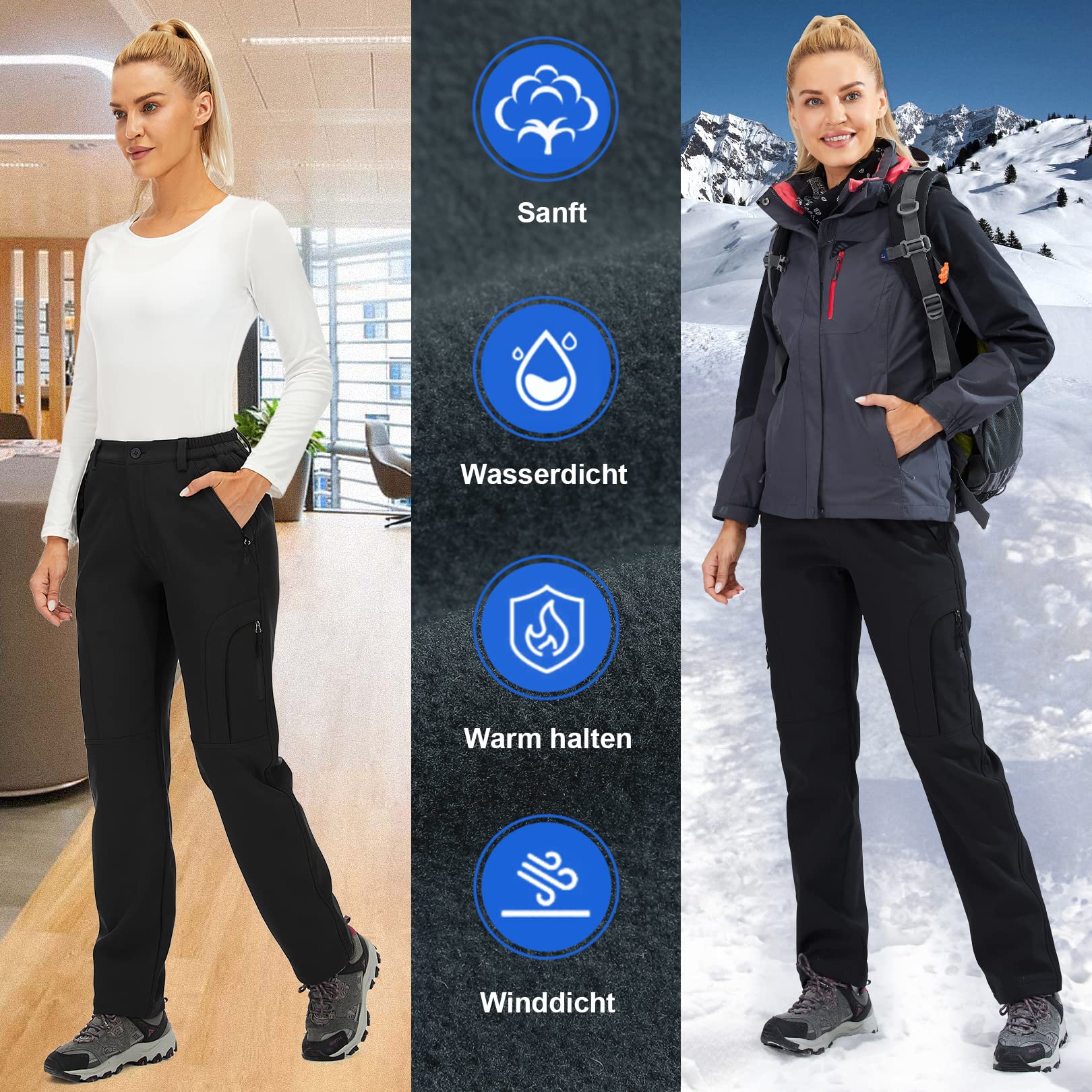 Women's Snow pants Hiking ski Waterproof Fleece Lined Outdoor Cargo Pants Softshell Winter Warm Pants with Zipper Pockets,H4409,Black,6