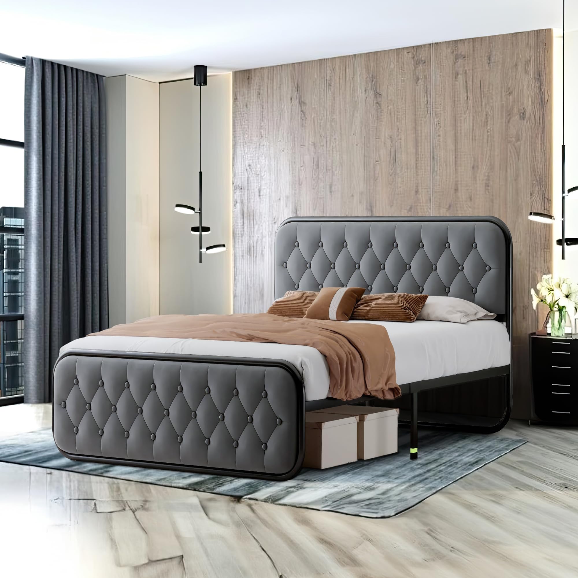 yoyomax King Size Bed Frame with Velvet Button Tufted Headboard, Heavy Duty Bed Frame Platform with Strong Metal Slats,12" Under-Bed Storage, Noise-Free & No Box Spring Need,Easy Assembly, Grey