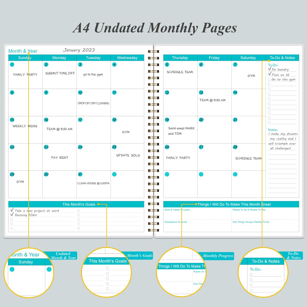 Undated Planner Pro - 8.5" x 11" Weekly & Monthly Planner to Achieve Goals & Increase Productivity, 12 Months Undated Agenda Daily Planner, Start Anytime, Rose Leaf