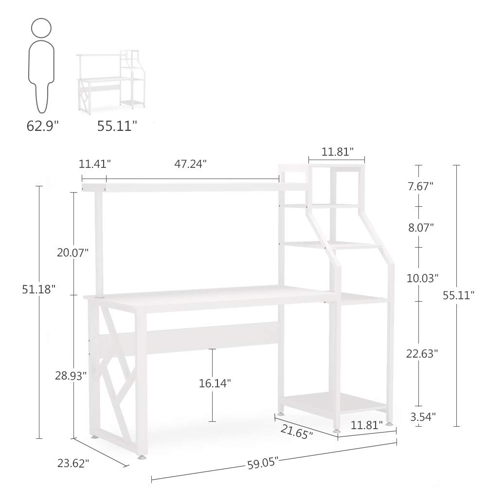 Tribesigns Home Office Computer Desk with Hutch Storage Shelves, 60 inch Large Computer Table Studying Writing Desk with 4-Tier Bookshelf and Tower Storage, Workstation for Space Saving (White)