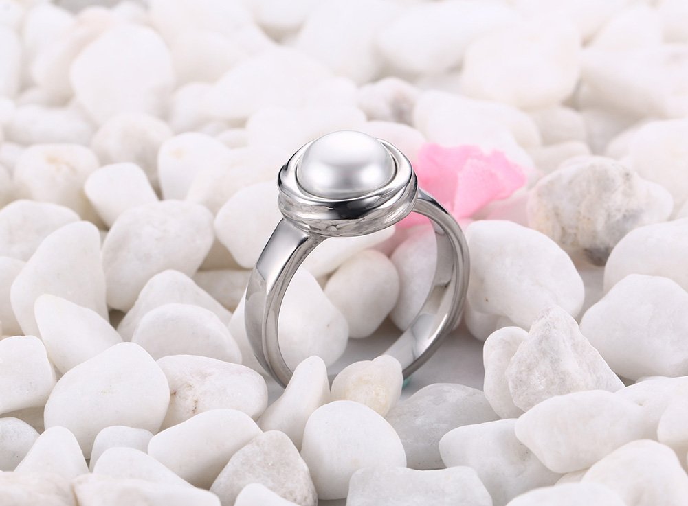 Stainless Steel Pure white Freshwater Cultured Pearl Engagement Band Ring for Women,Size 7-9 (7)