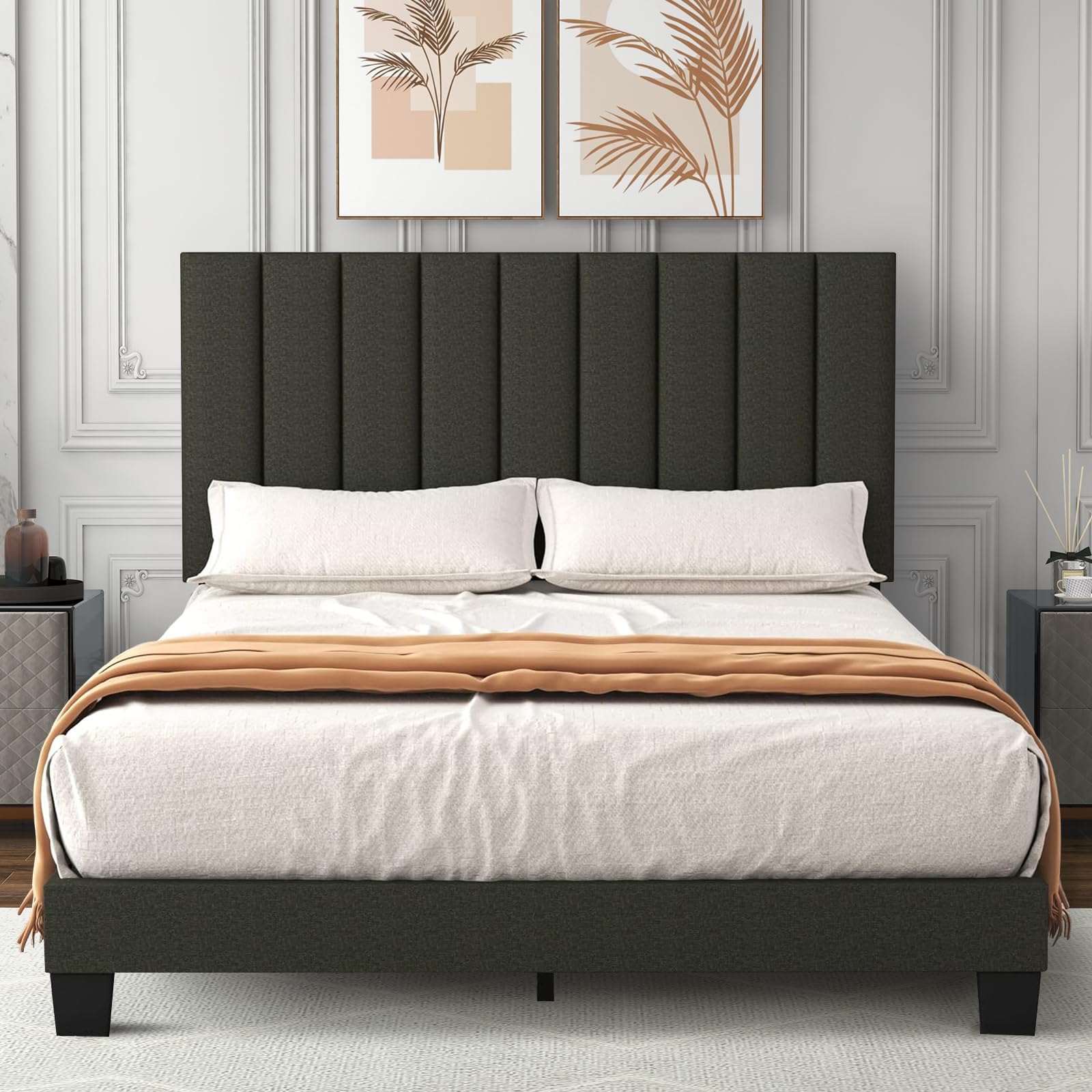 Wonder Comfort Full Size Upholstered Bed Frame with Fabric Wingback Headboard/Upholstered Platform/12 Solid Wooden Slats, Non-Slip and Noise-Free, No Box Spring Needed, Dark Gray