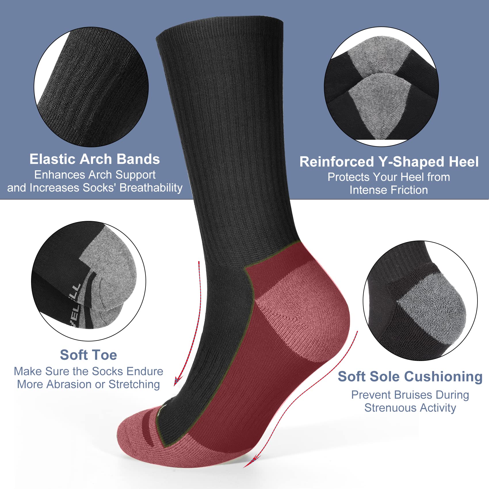VWELL Mens Athletic Crew Socks, 8 Pairs Cotton Cushioned Moisture Control Work Boot Socks