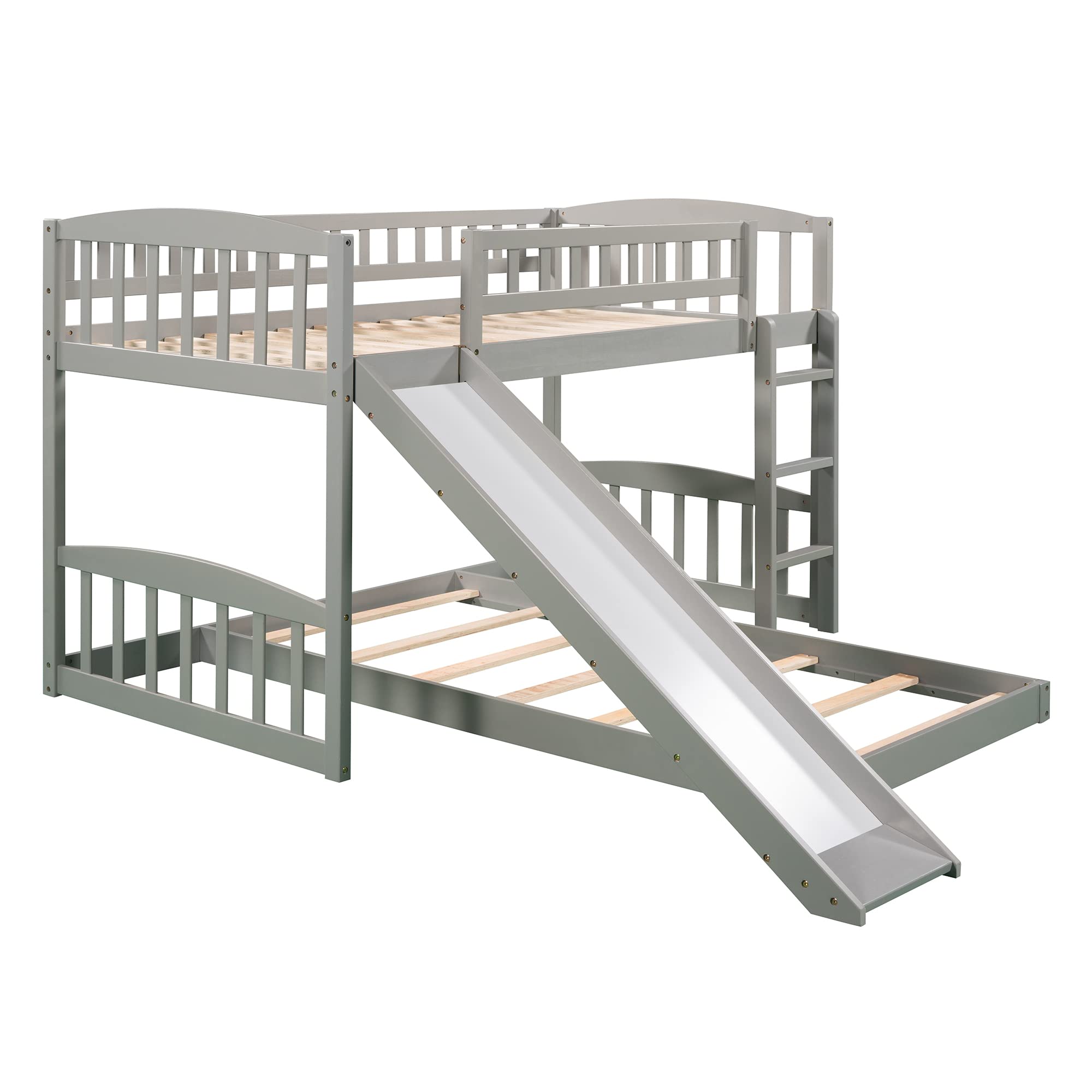 Tensun Low Bunk Bed Twin Over Twin, Wood Floor Bunk Bed with Slide and Ladder, L-Shape Bunk Bed for Bedrooms,Dorms,Kids,Toddlers,No Box Spring Needed,Easy to Assemble,Grey