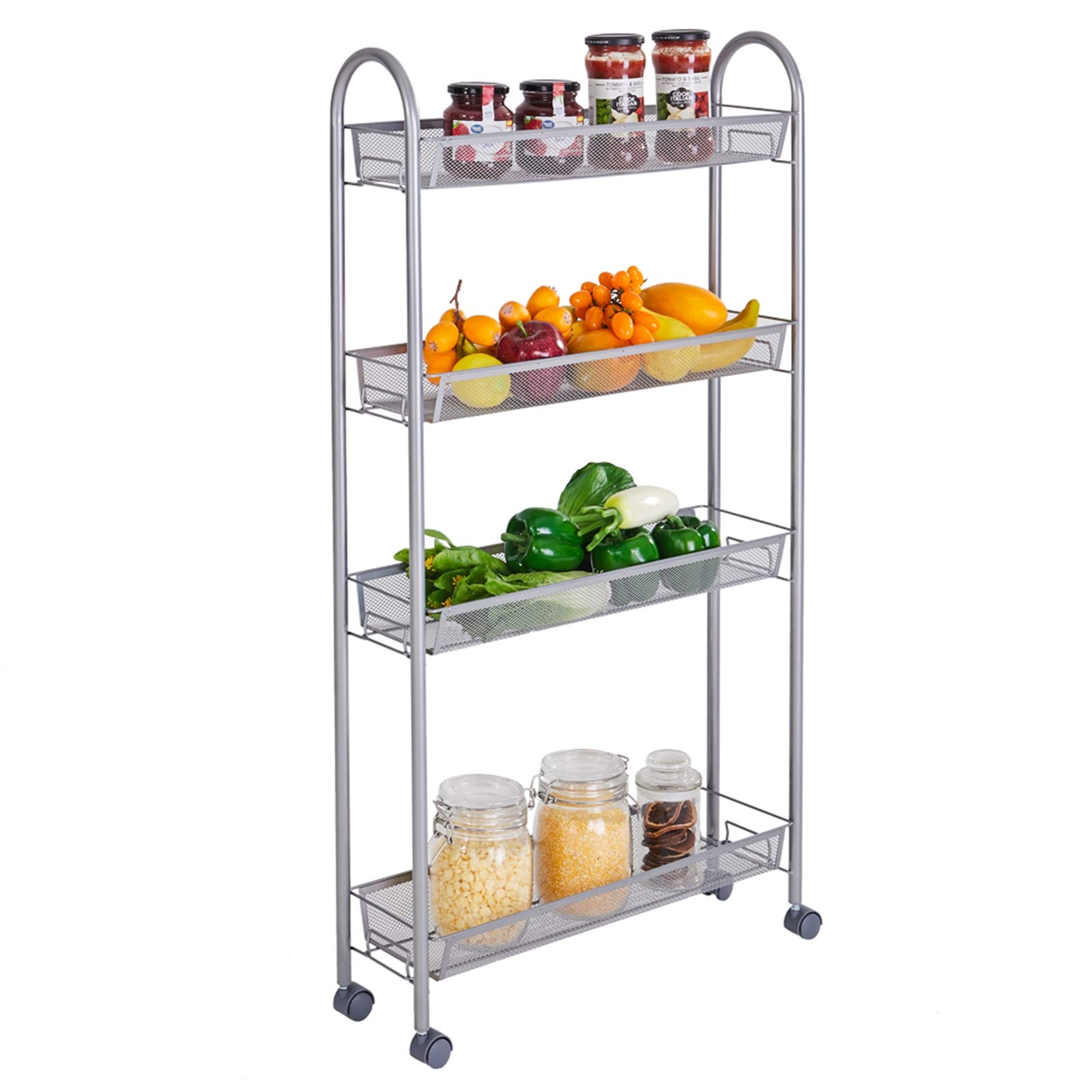 Slim Rolling Storage Cart,4 TierUtility Cart Mobile Slide Out Organizer,Laundry Room Organization,Mobile Shelving Unit Bathroom Organizer for Kitchen,Bathroom,Laundry Room,Narrow Places (Silver)
