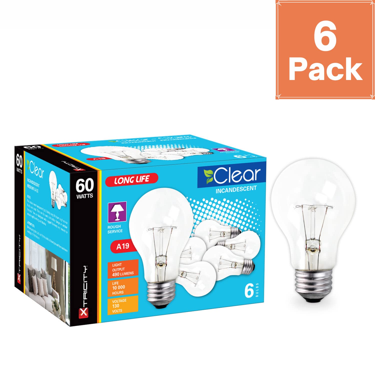 Xtricity A19 Clear Incandescent Rough Service Light Bulb, 60 Watt, Long Life - 10,000 Hours, 2700K Soft White, E26 Medium Base, 490 Lumens, 130V (6 Pack)