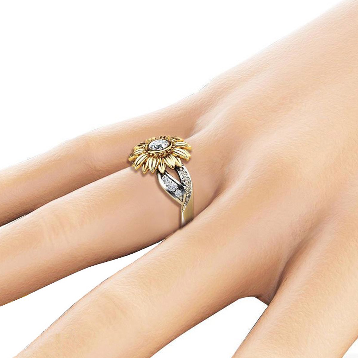 Ztuo White Round Cz Sunflower Flower Diamond Gold Floral Leaf Ring for Women Wedding Jewelry Size 10