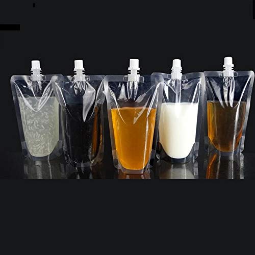 VEIREN 50 Pack Plastic Spout Pouches Reusable Clear Stand Up Concealable Liquid Drinking Flasks Portable Wine Liquor Milk Beverage Jelly Coffee Water Bag for Home Travel Party Wedding Supplies, 200ml