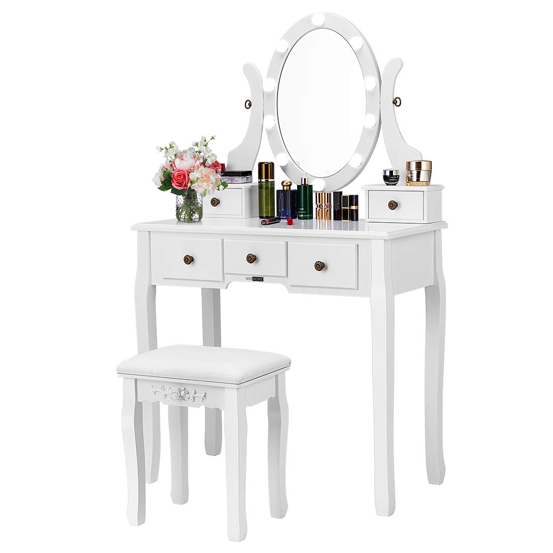 VIVOHOME Kids Vanity Set, Makeup Dressing Table with 360° Rotating Mirror for Girls, Pink Makeup Vanity Set with 10 Dimmable LED Bulbs, with 360° Rotating Lighted Mirror, White