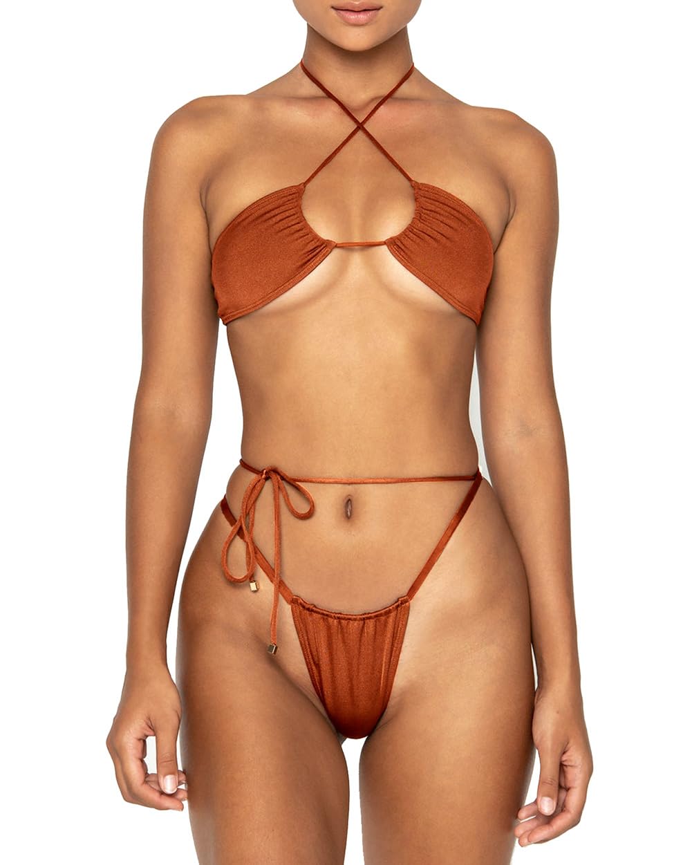 Women Halter String Bikini Set Sexy Thong Cheeky Two Piece Swimsuits Solid Color Bathing Swimwear (XSmall, Brown)