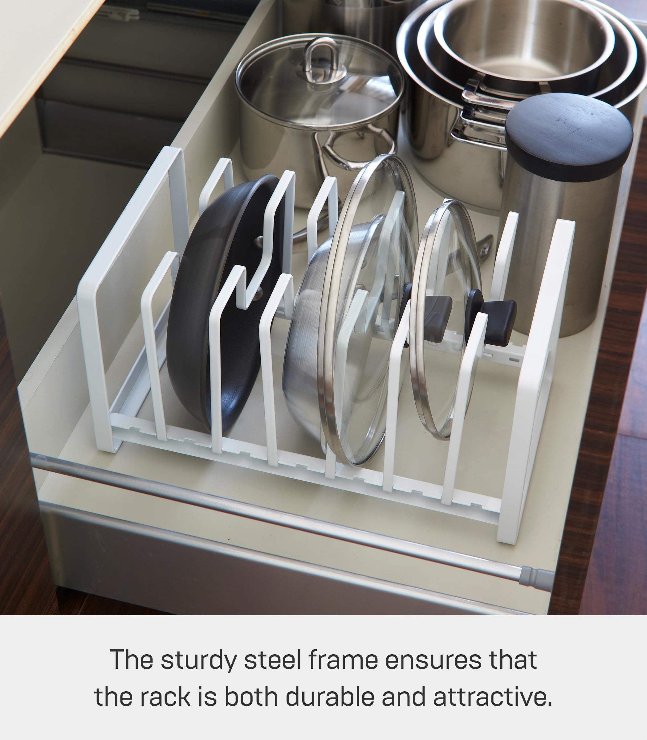 YAMAZAKI Home Tower Under Sink Pot Lids And Frying Pan Storage Kitchen Drawer Organizer Rack - Steel