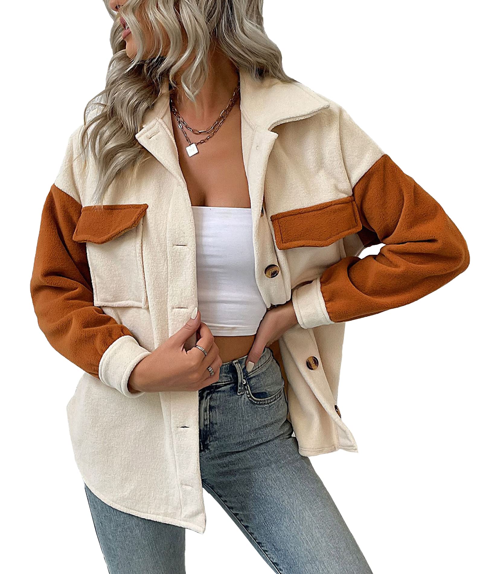 SOMTHRON Women's Fleece Cardigan Long Sleeve Shacket Sherpa Shirt Jacket Patchwork Button Down Lapel Collar Blouses Tops AP-L