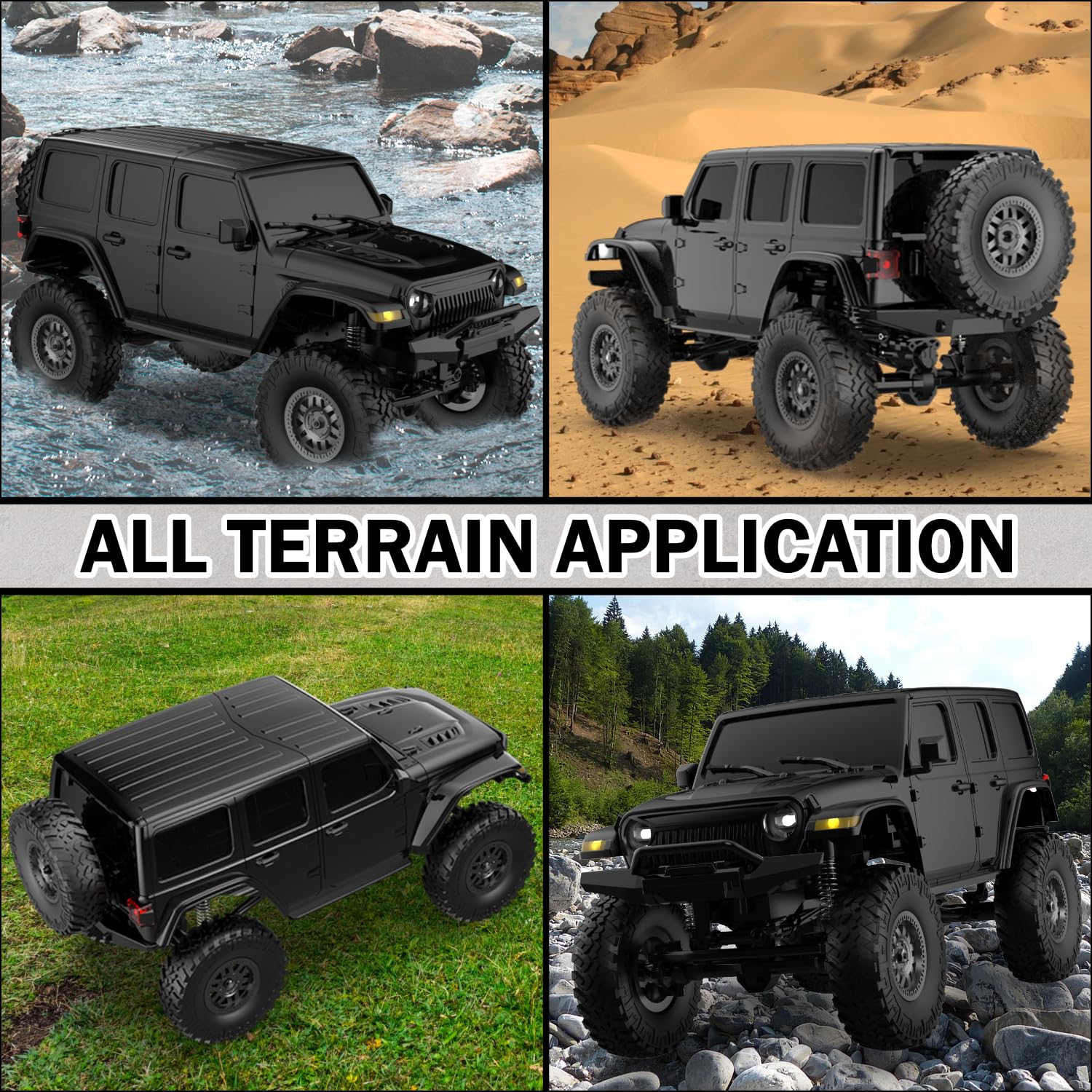 TOPMINO 4x4 Off Road RC Monster Truck with Bright Headlights, 2 Batteries, Waterproof - Climbing Remote Control Car for Kids, Black