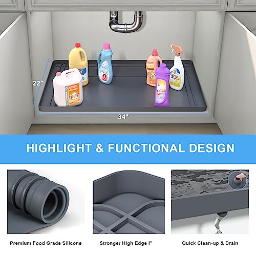 Under Sink Mats for Kitchen Waterproof, 34" X 22" Or Smaller Cut to Fit Under Sink Drip Tray for Kitchen Bathroom Cabinets, Silicone Sink Liner Hold Up to 3.3 Gallons Liquid - Dark Grey