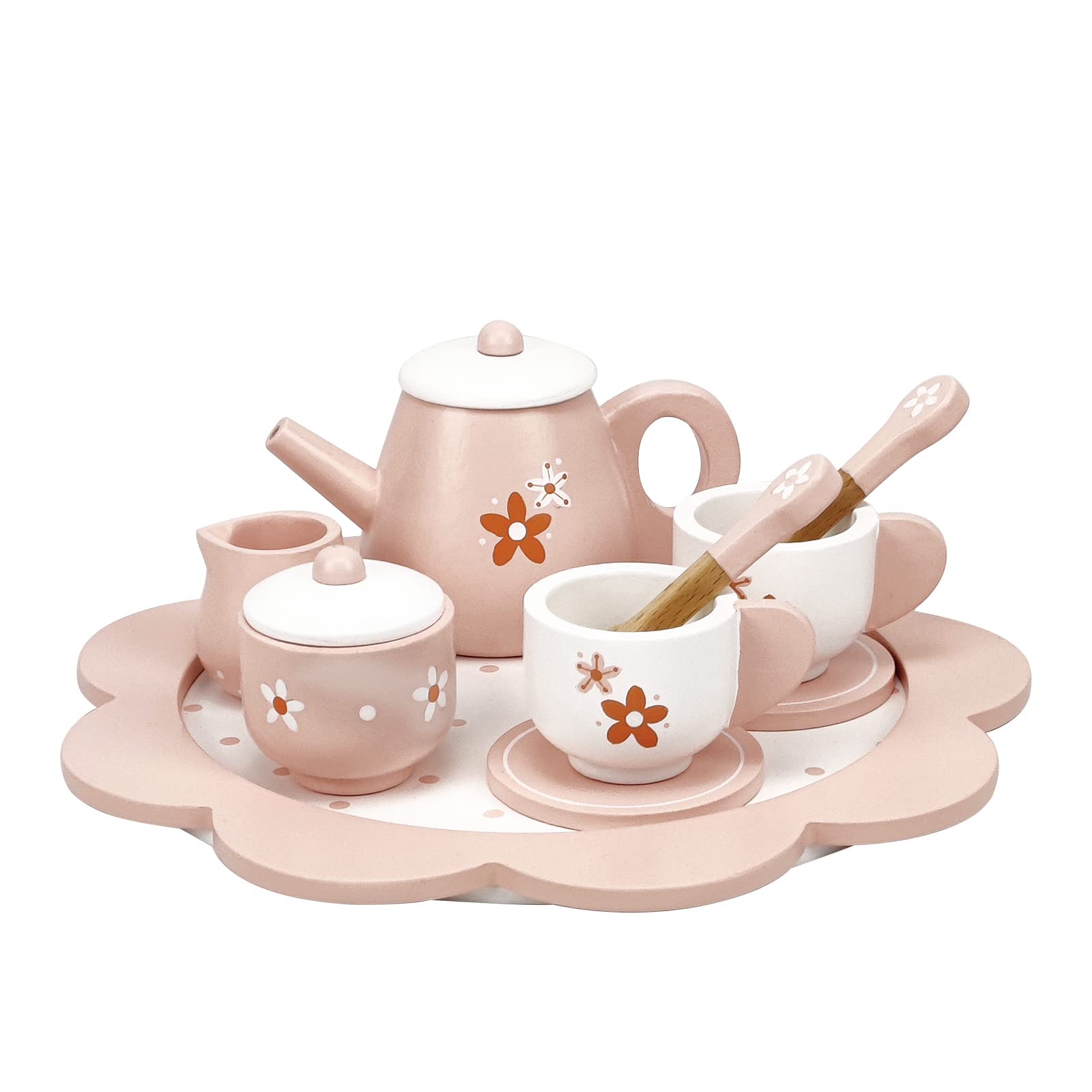 Wooden Afternoon Tea Set Toys for Toddlers Realistic Teapot Cups Carrying Tray Scoops Pretend Play Learning Role Play 12 pcs Pink Gift for Kids