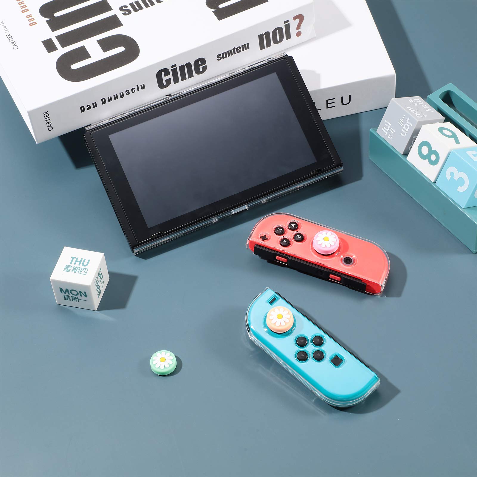Weewooday Green Lemon Printed Carry Case Compatible with Nintendo Switch Accessories and Hard Shell Protective Case and Screen Protector, 4 Pieces Thumb Grip Covers and Data Cable