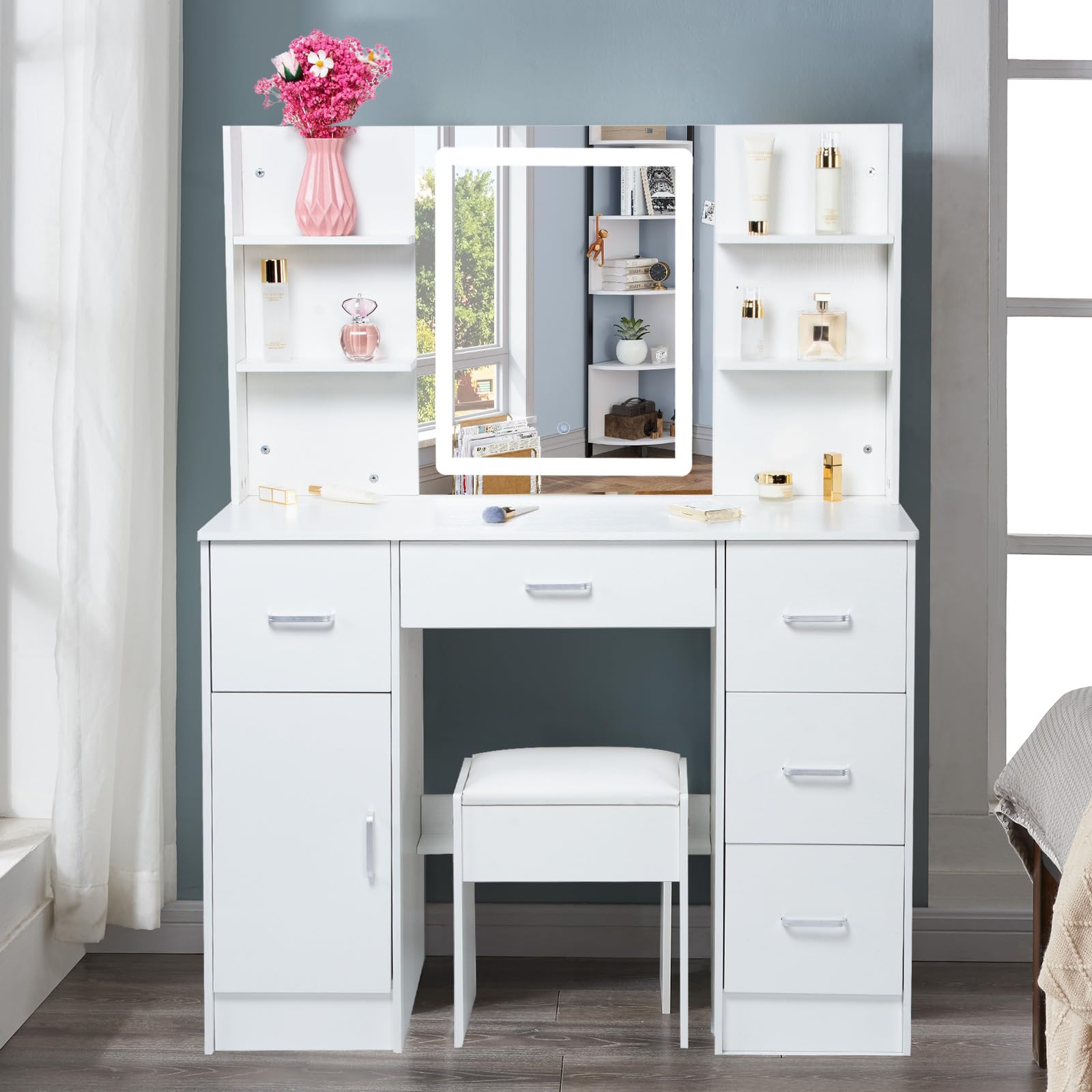 White Vanity Desk with Mirror and Lights, Makeup Vanity with Lights and Drawers, Modern Vanity Set with Stool & Storage Shelves, Dressing Table Bedroom Furniture, White