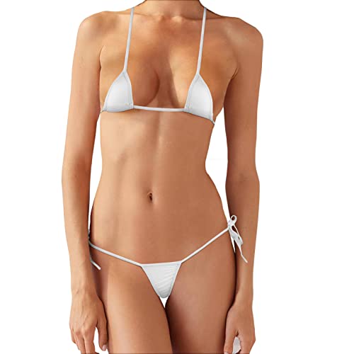 Women Sexy Halter Neck Swimsuit Small Bar with Adjustable G-String Throng Micro Mini Bikini Set 2 Pieces-White