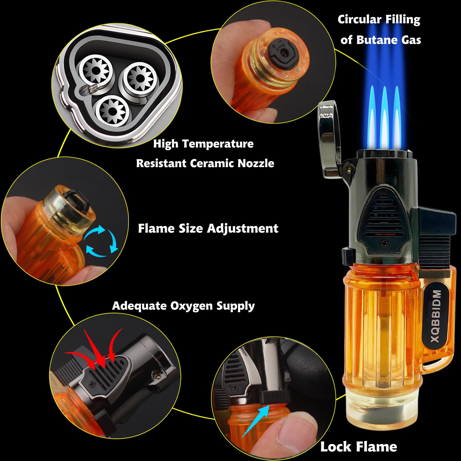 Torch Lighter, 3 Pack Jet Triple Flame Butane Lighters, Adjustable Windproof Flame Lighter with Transparent Fuel Window & Flame Fixed Lock, Portable Torch Lighters for Candle Camping (without Butane)