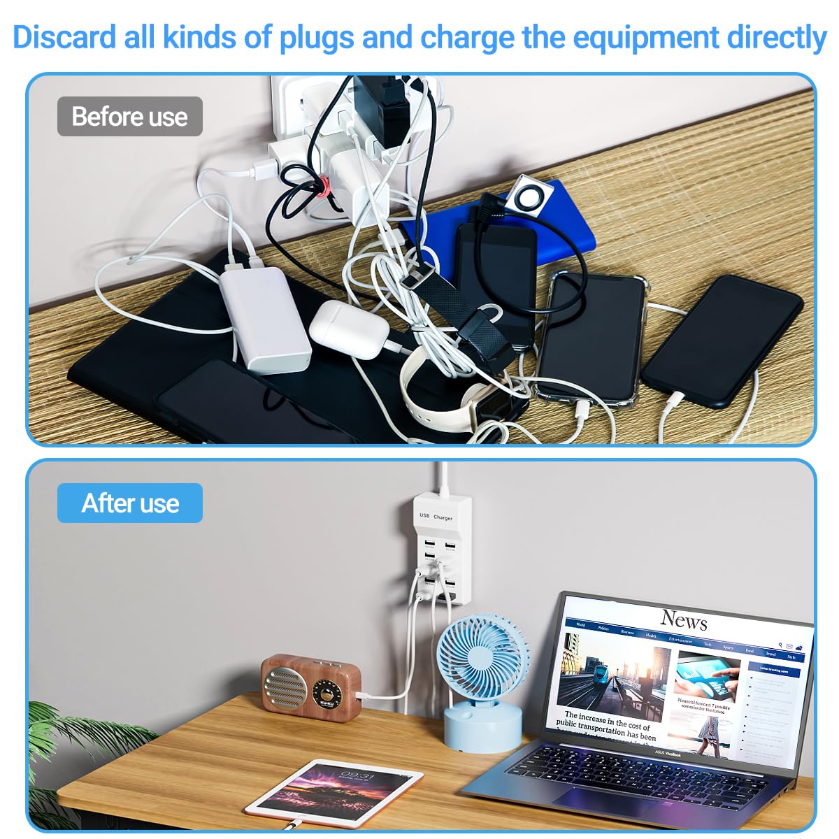 USB Charging Station-10 Ports USB Charger Dock, USB Multiple Port Charger,70.8 Inch Extension Cord,Suitable for Various Devices Mobile Phones, Cameras, Bluetooth Headsets(2PC)