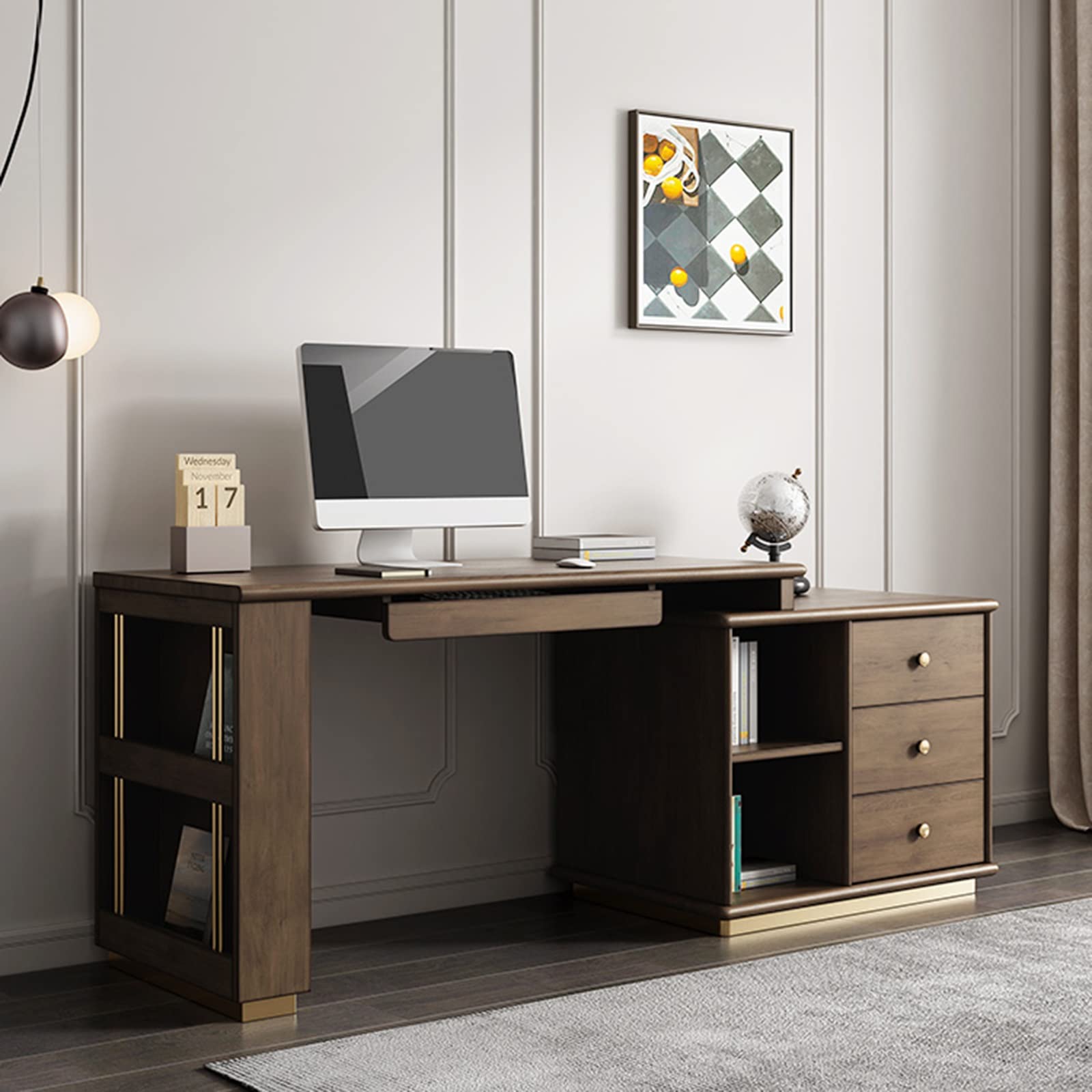 Wooden Computer Desk with Keyboard Tray, Small Space L-Shaped Corner Writing Desk, Home & Company Workbench (Size : 140cm)