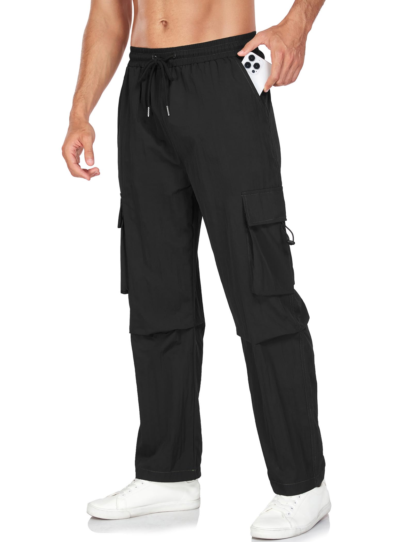 ZAFUL Men's Cargo Pants Relaxed Fit Lightweight Flap Pockets Elastic Waist Quick Drying Hiking Pants Casual Black XXL
