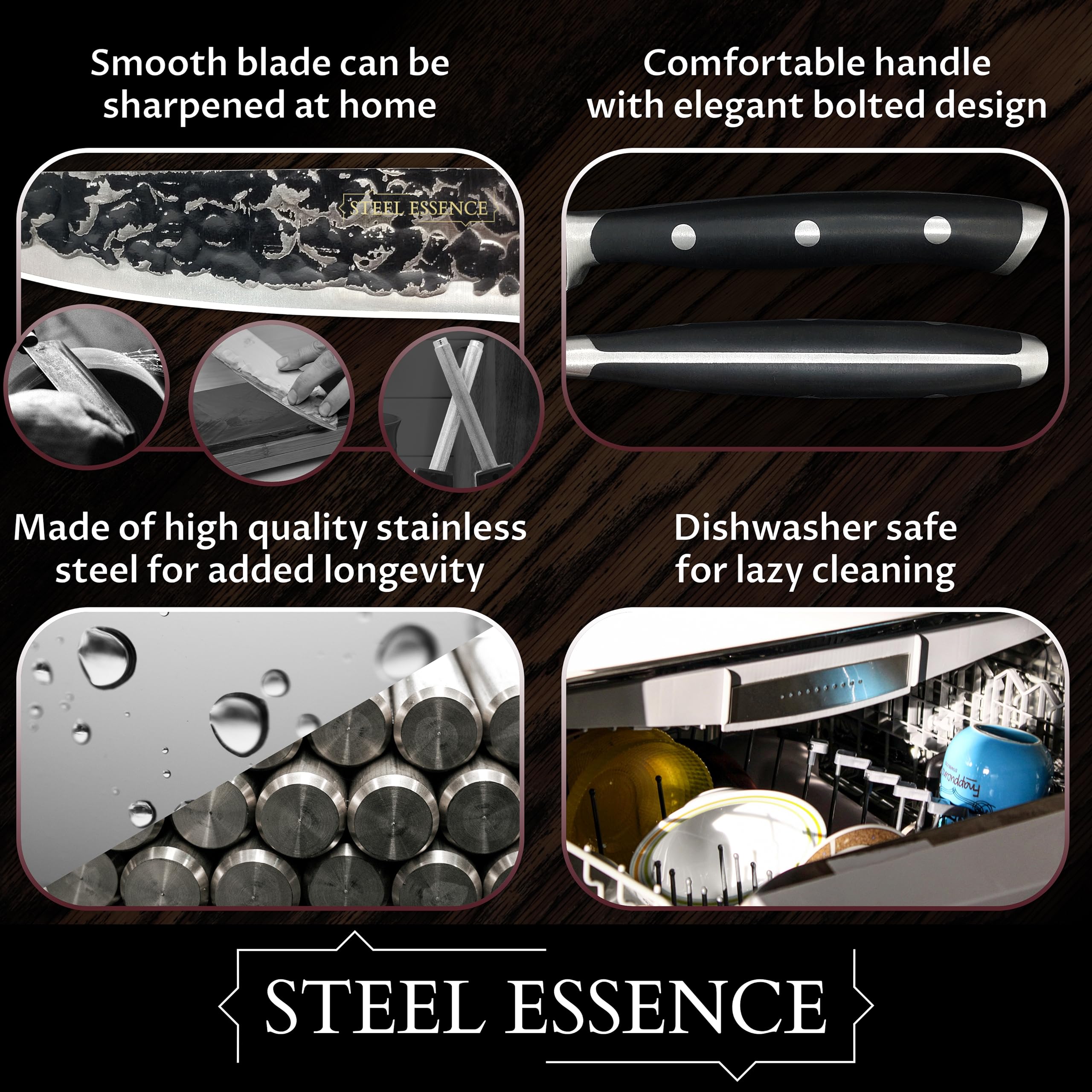 STEEL ESSENCE Premium Steak Knives Set of 6 with Unique Black Pattern - Gift Set | Stainless Steel Steak Knife Set