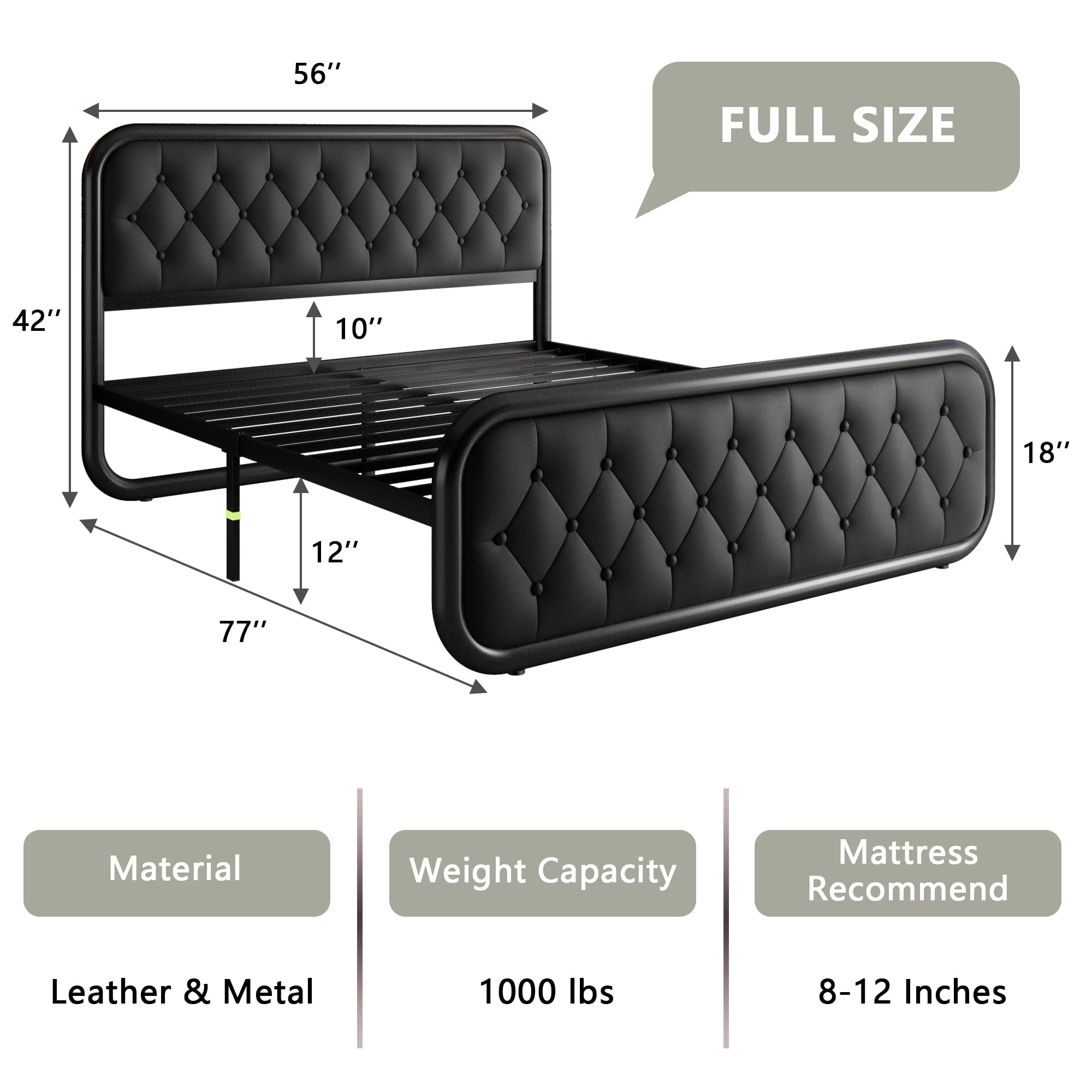 SUMELL Full Size Bed Frame - Heavy Duty Bed Frame, Stylish Faux Leather Headboard, Noise-Free and Easy Assembly for The Perfect Night's Sleep (Black)