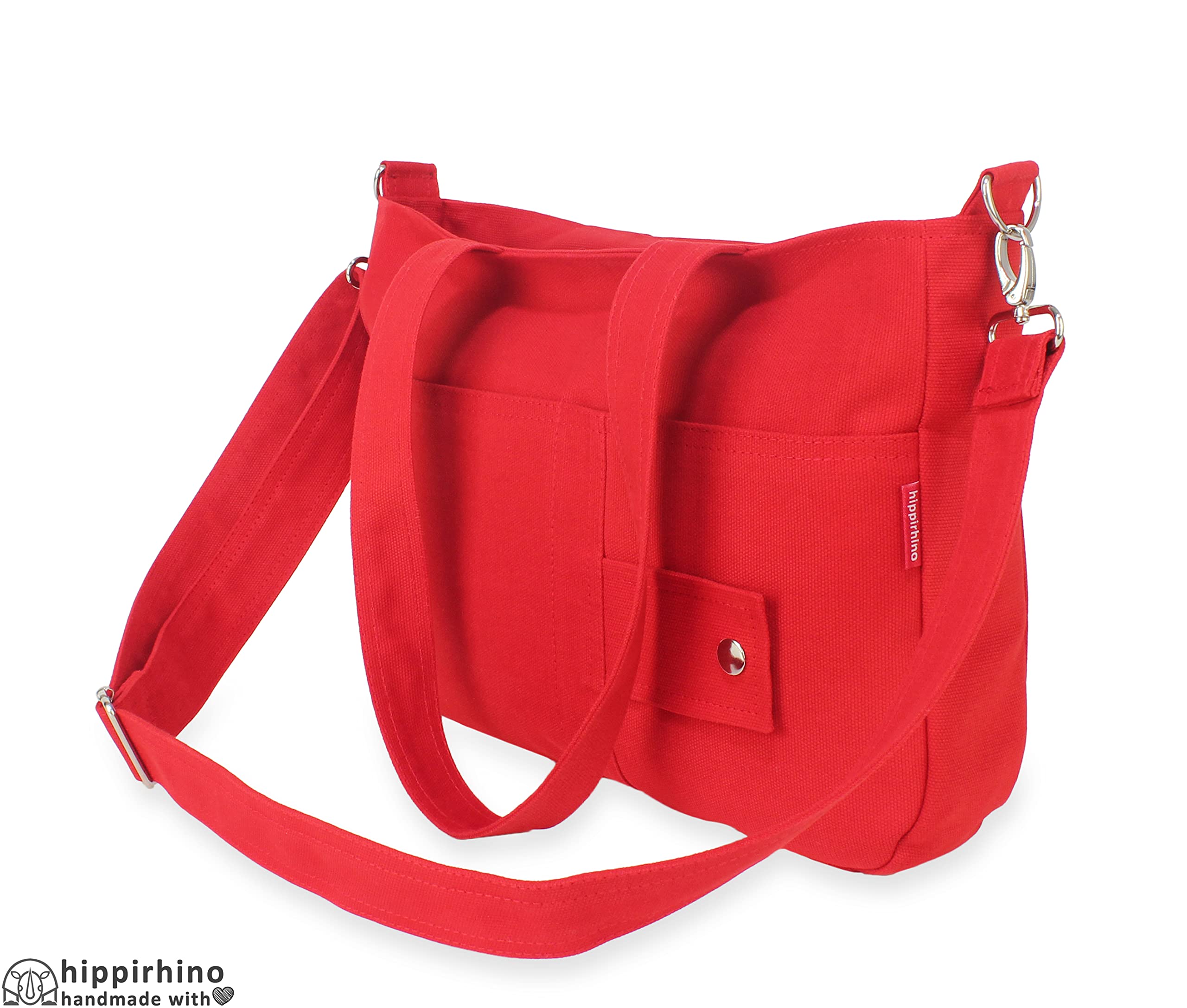 Women's Canvas Shoulder Bag Crossbody Detachable Strap Multi Pockets Messenger Bag Zipped Closure Purse Red