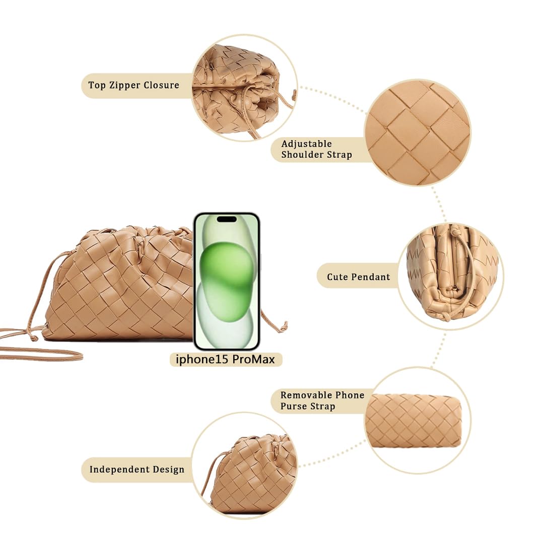 SUMICH Crossbody Purse for Women Quilted Clutch Handbag Dumpling Bag Cloud Purse Ruched Bag Handmade Leather Hobo Bag (Khaki)