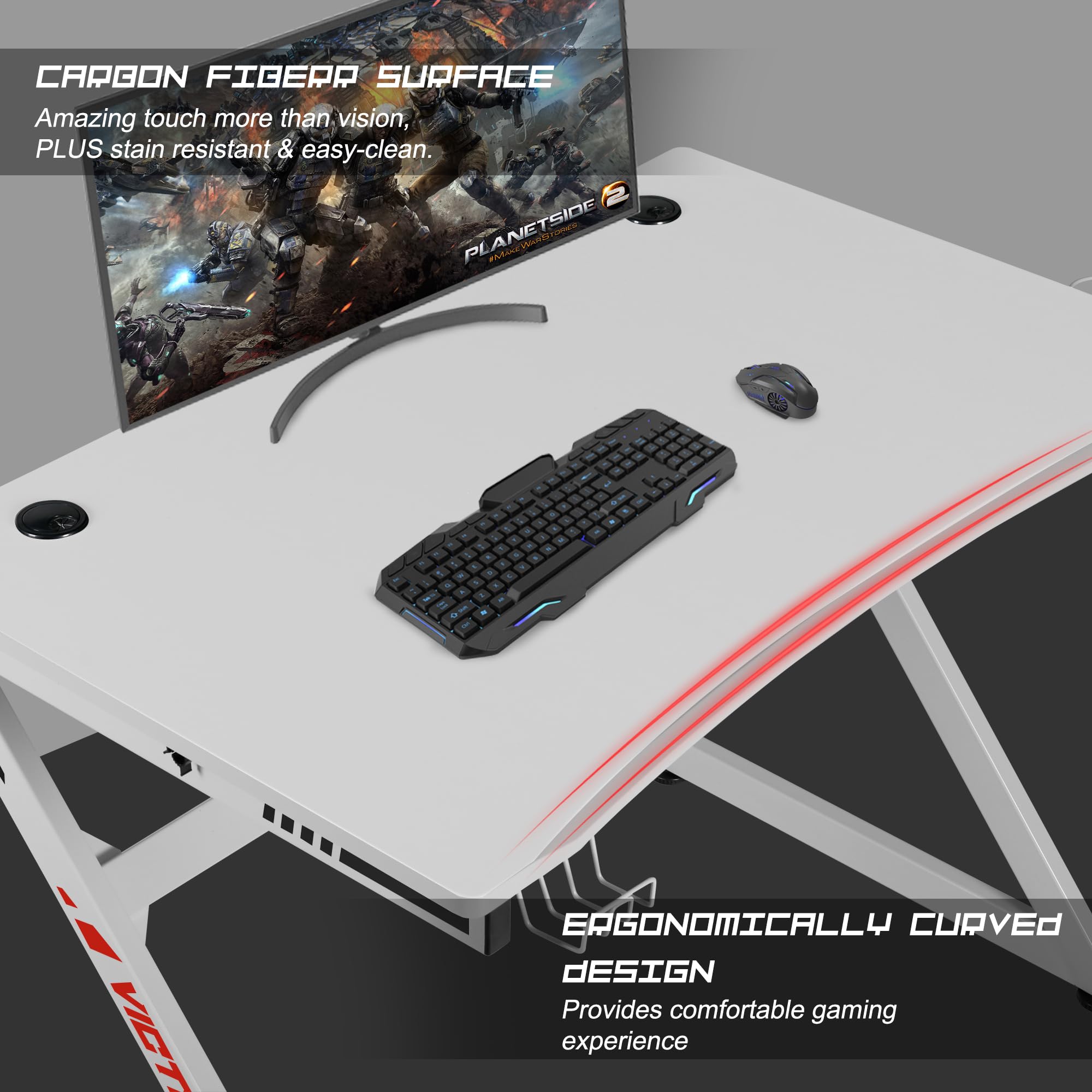 VAMEPOLE Gaming Desk, 42" Small Computer Desk with Cup Holder & Headphone Hook for Small Spaces, Home Office Desks, Small Computer Table PC Carbon Fiber Table Gamer Workstation (White)