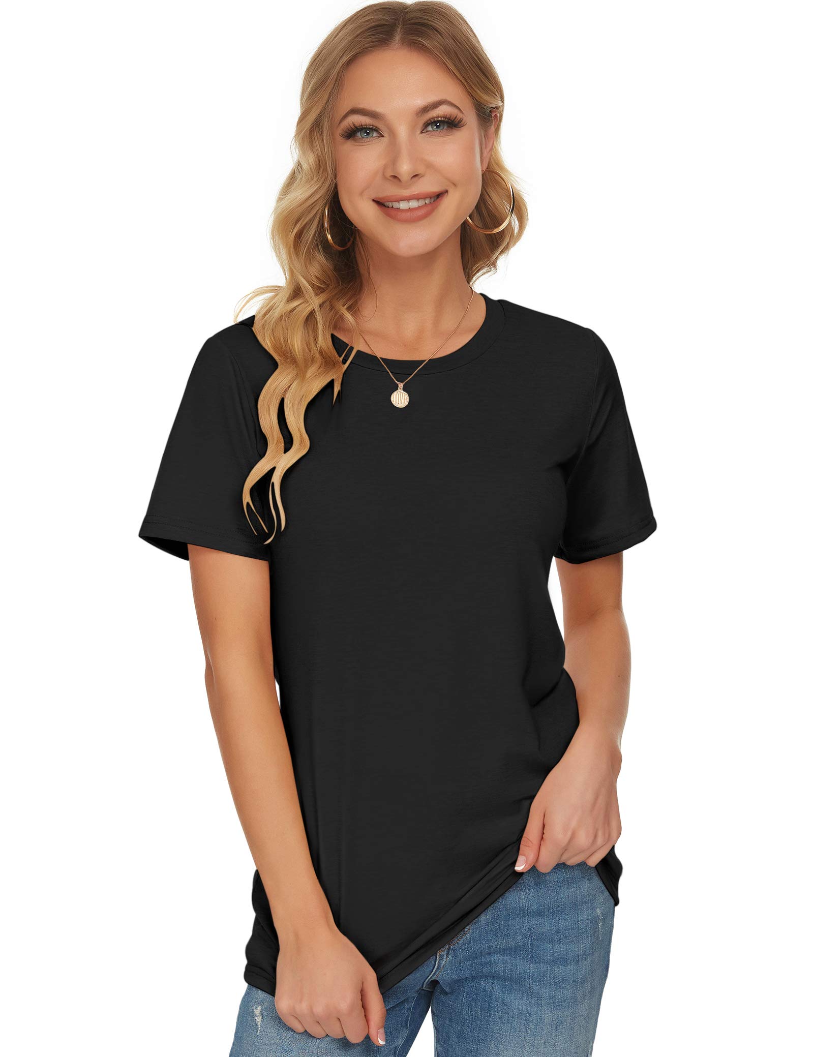 WNEEDU Womens T Shirts Short Sleeve Crewneck Loose Summer Tees Basic Tops(Black,S)