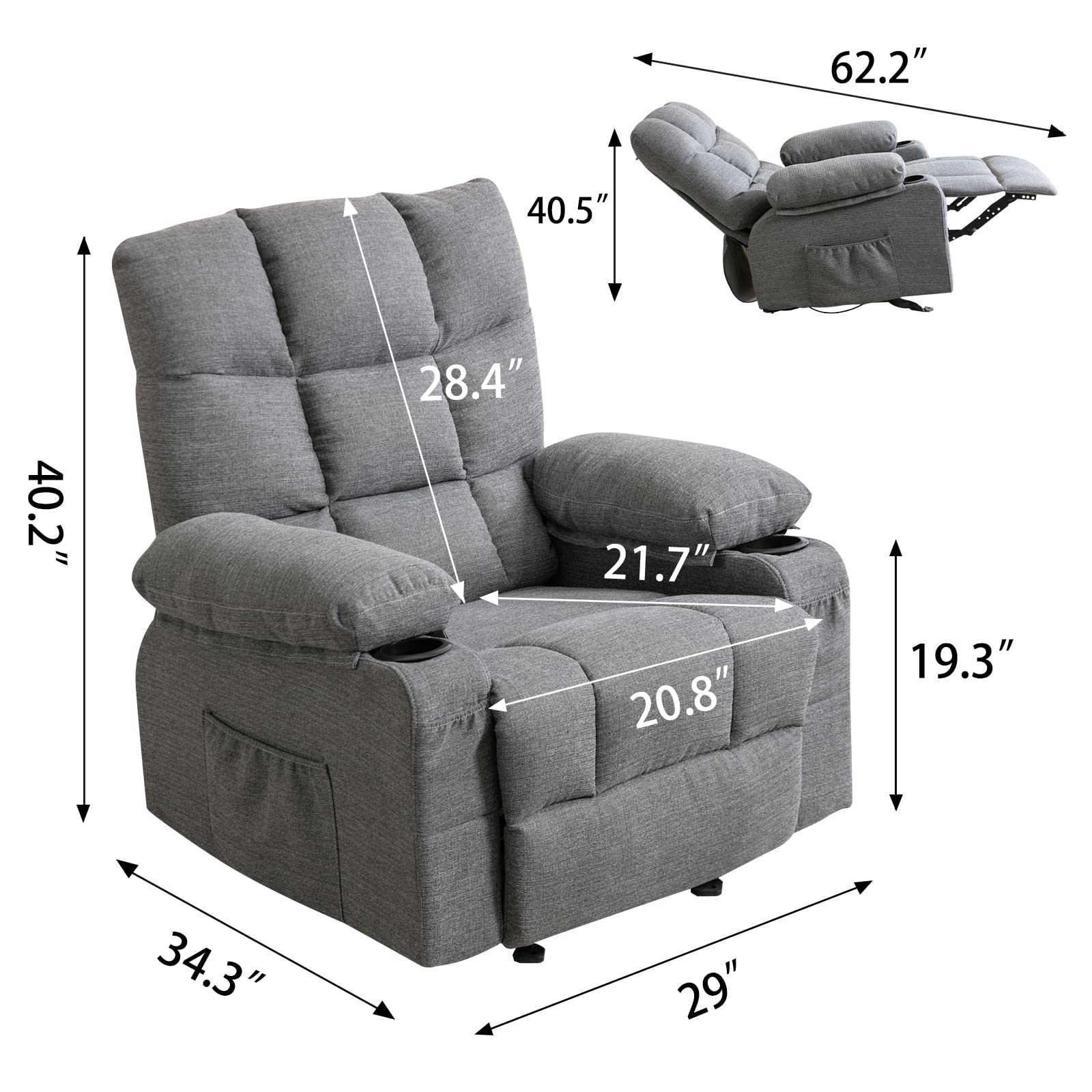 VON RACER Recliner Chair Rocking Chairs for Adults Oversized with 2 Cup Holders, USB Charge Port Soft Features a Manual Massage and Heat