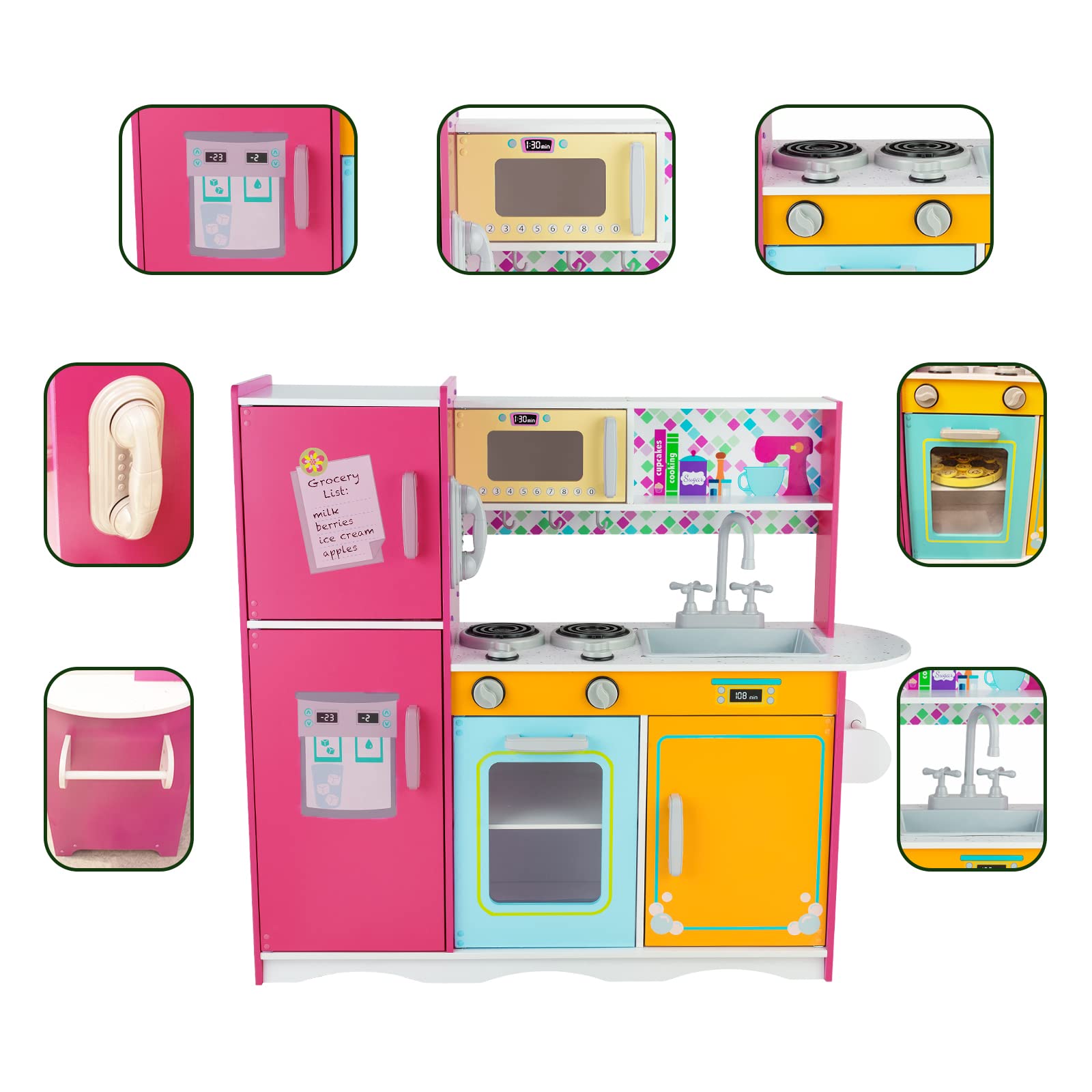 WoodenEdu Kitchen Playset for Kids Ages 3-8, Wooden Pretend Play Kitchen, Including Telephone, Ice Maker, Refrigerator, Dimensions: 35β H x 31β W x 12β D (Colorful)