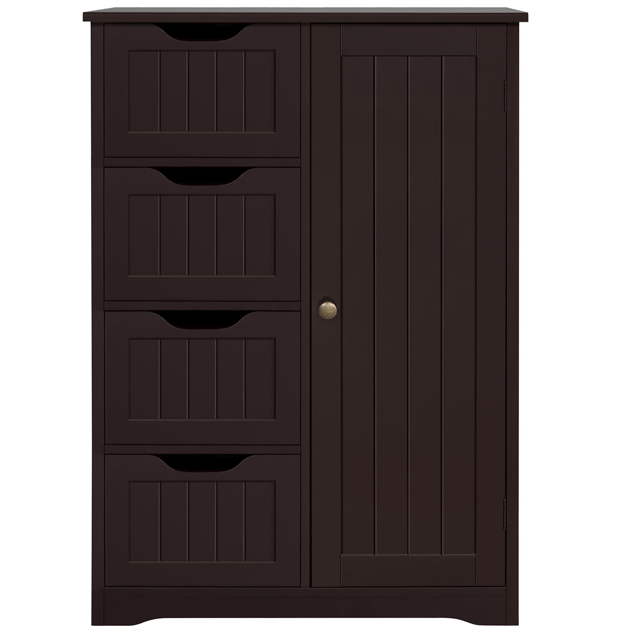 Yaheetech Wooden Bathroom Floor Cabinet, Side Storage Organizer Cabinet with 4 Drawers and 1 Cupboard, Freestanding Entryway Storage Unit Console Table, Home Decor Furniture, Brown