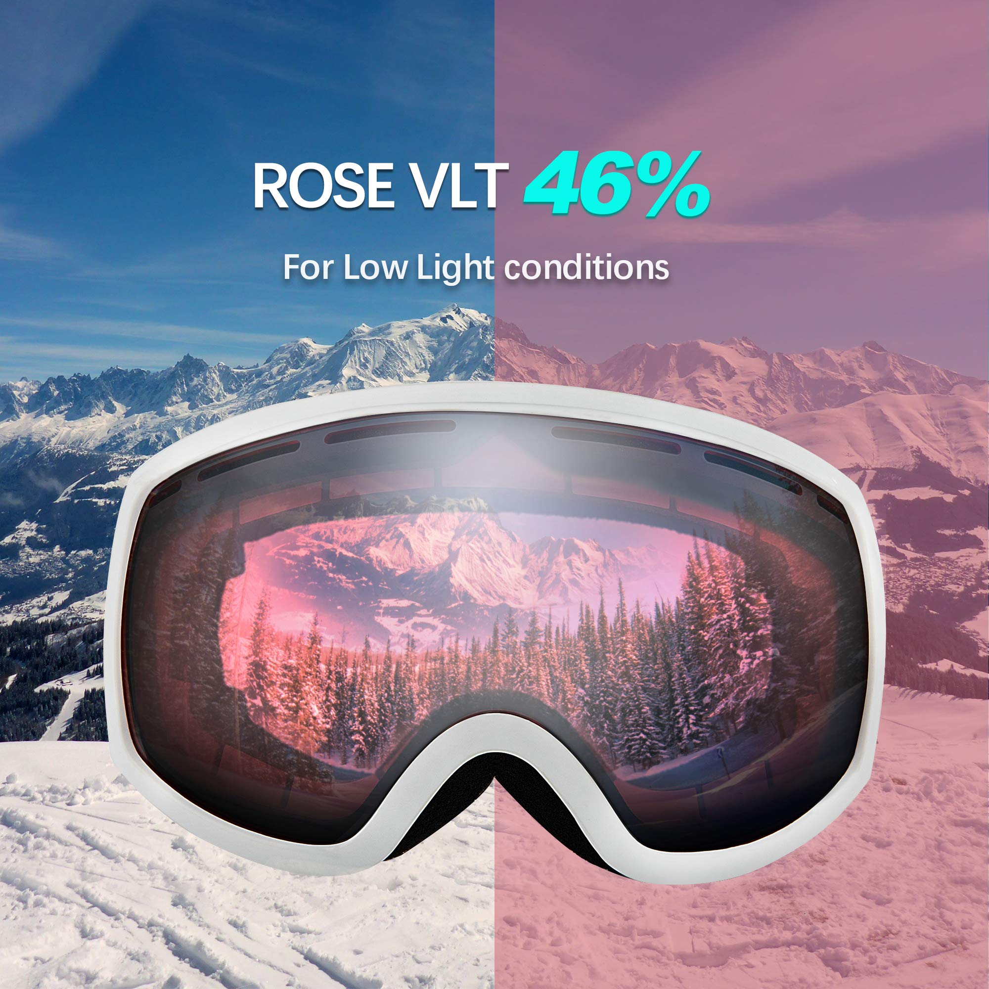 Wantdo Spherical Ski Goggles Double Layer OTG Snow Goggles Skiing Rose,VLT 46%