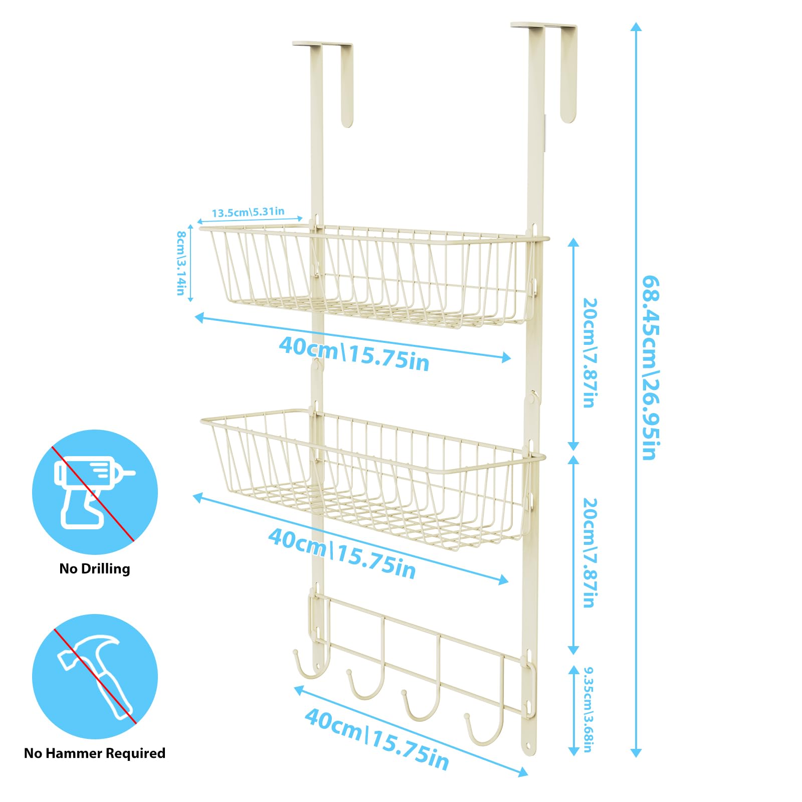 Temste Over the Door Hooks Organizer,Multifunctional Door Hanger Towel Rack with 2 Mesh Baskets,Back of Door Storage Shelves for Bathroom,Bedroom,Kitchen & Pantry (White,with hooks)