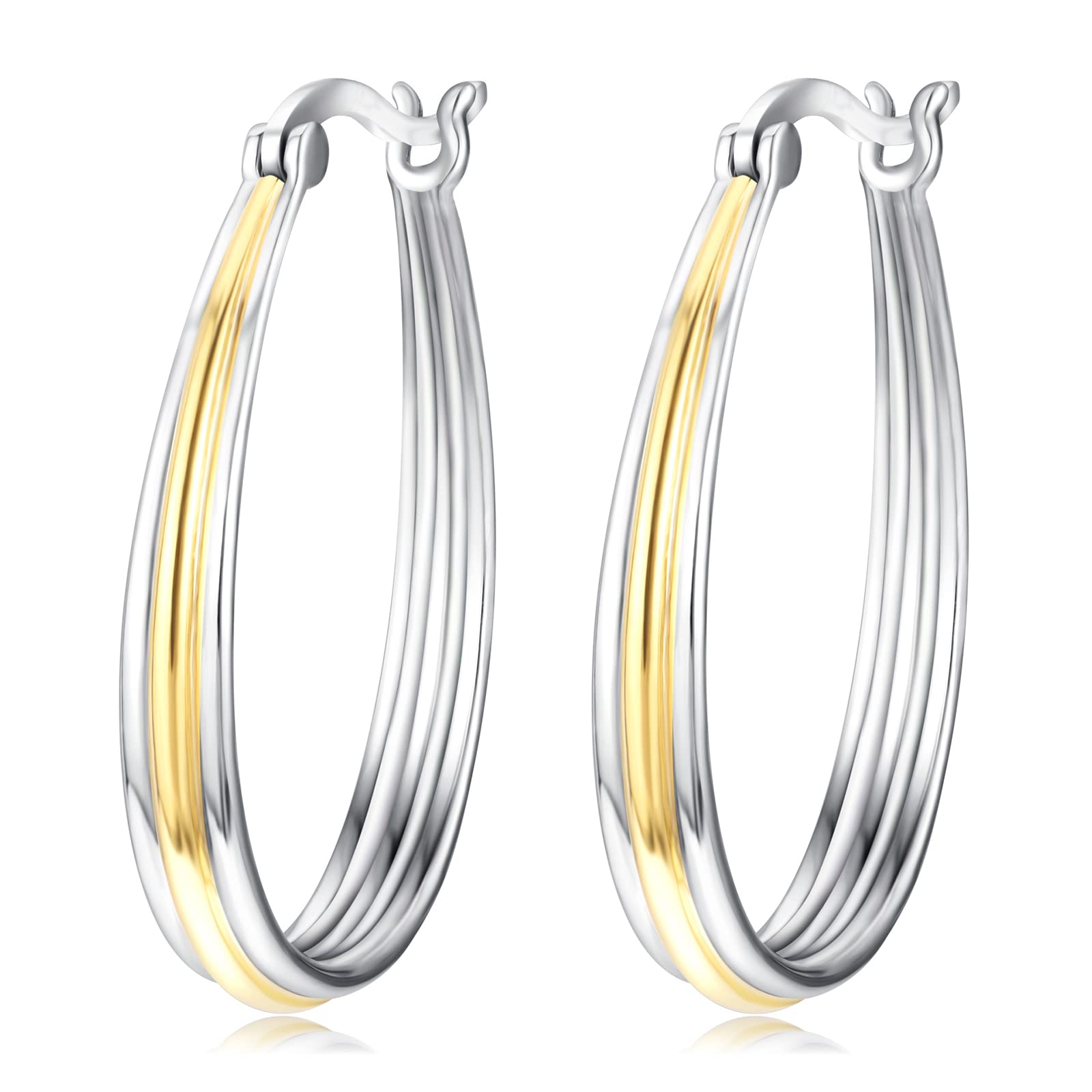 Two Tone Hoop Earrings for Women Gold And Silver Small Sterling Silver Oval Grooved Hoop Earrings Jewelry Gifts