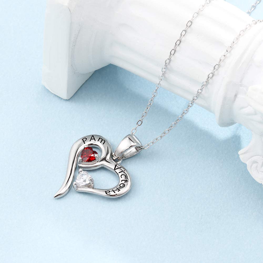 Zomodia Sterling Silver Personalized 2 Names Necklace with 2 Heart Simulated Birthstone Couple Pendant Necklace for Women (Silver#2)